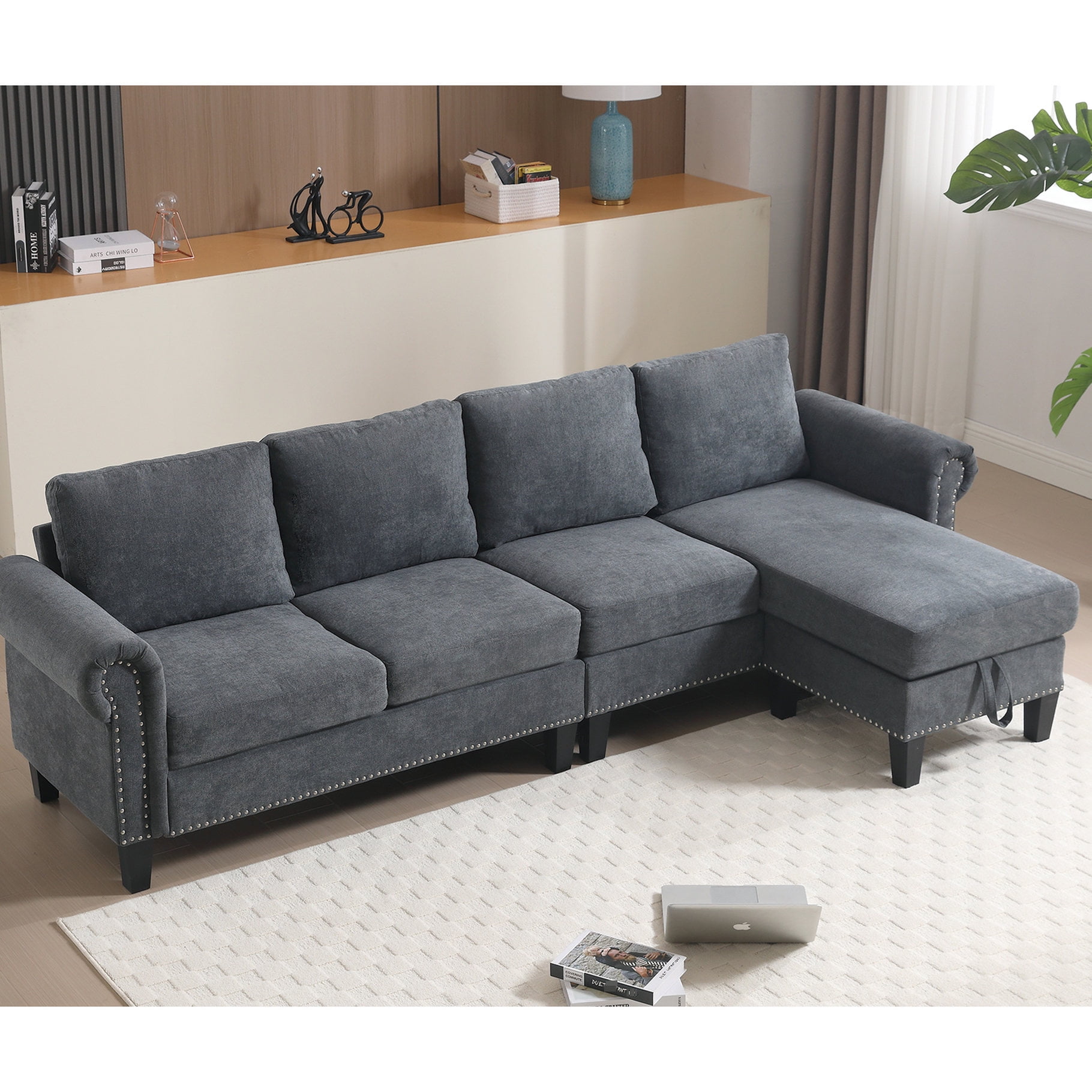 Gray Convertible Sofa with Wood Frame and Storage | Small Space ...