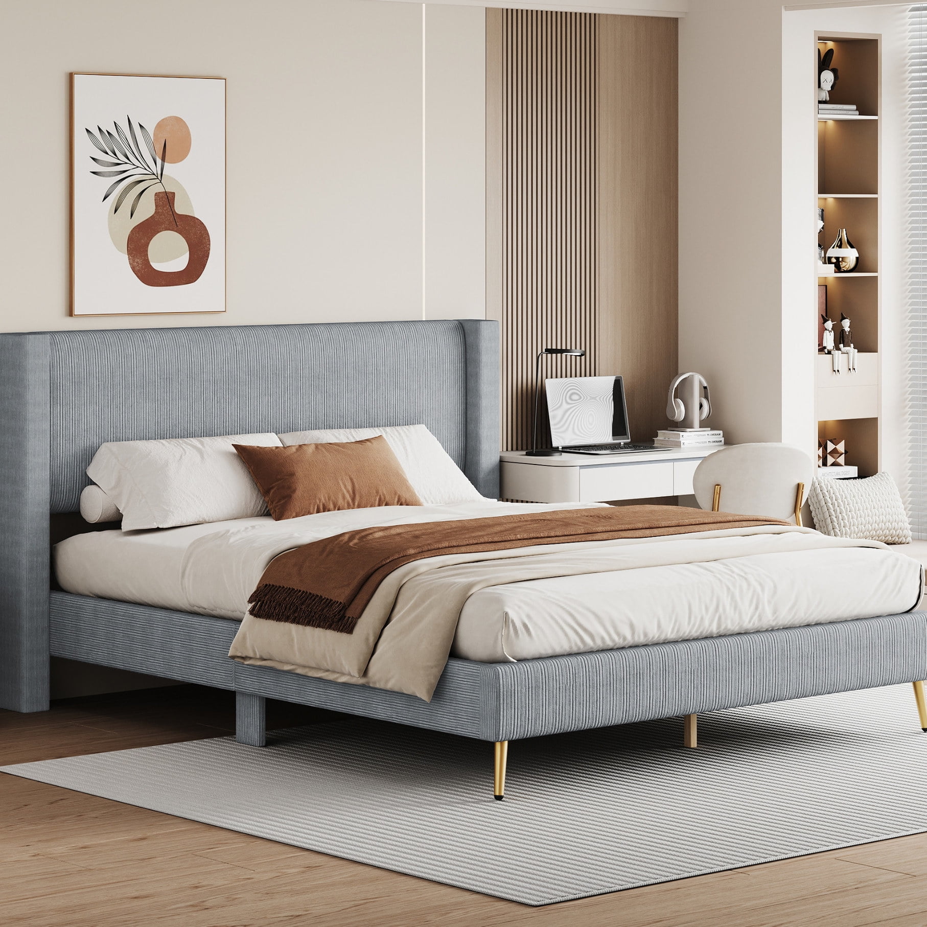 Gray Corduroy Bed - User - friendly Assembly - Bedroom / Simple DIY ...
