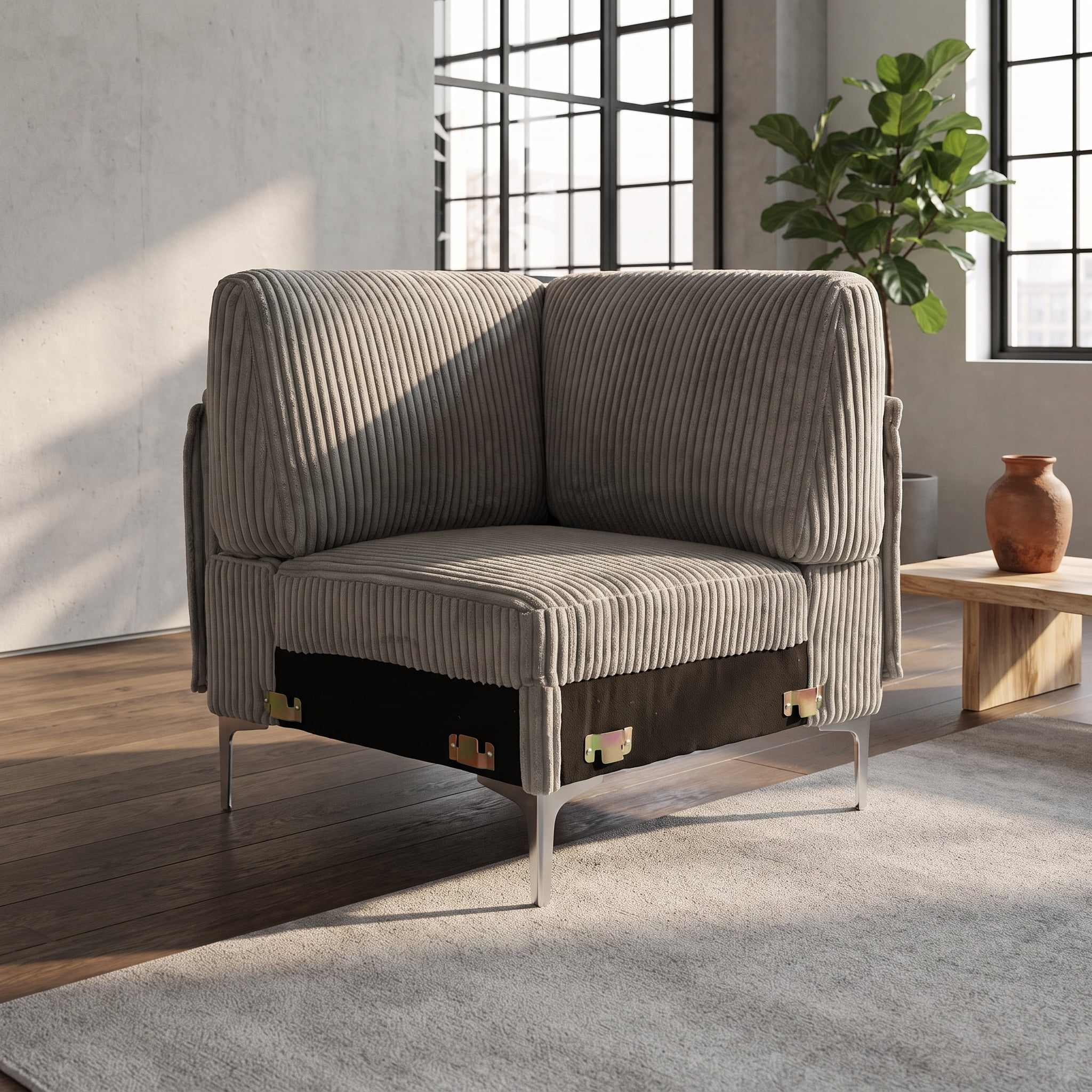 Gray Corduroy Modular Sectional Sofa Corner Seat, 1-Seat L-Shaped Couch ...