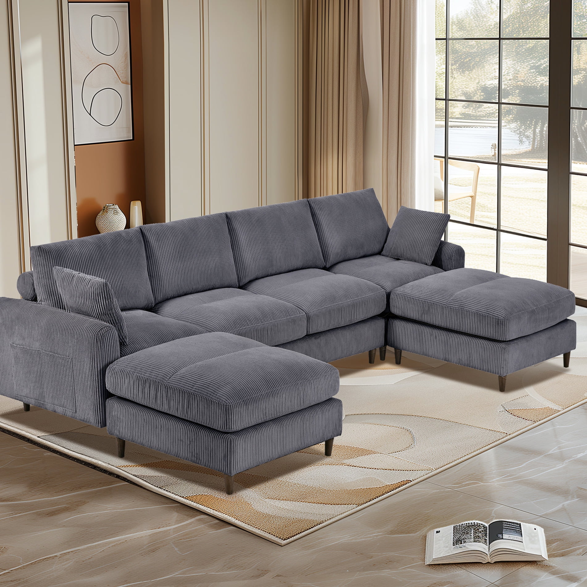 Gray Corduroy Sectional , U-shaped L-shaped Convertible With Pillow ...