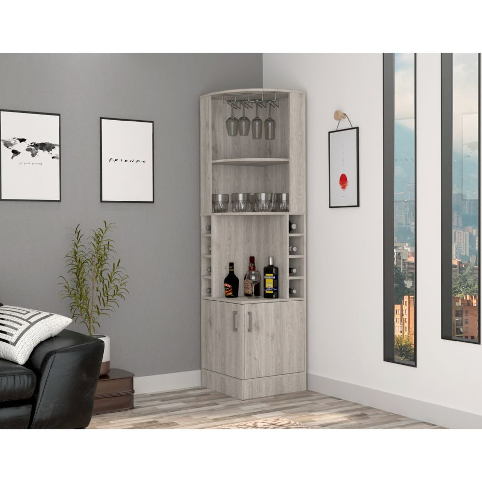 Gray Corner Bar Storage Unit, 8 Bottle , Double Door, 2 Open Shelves ...