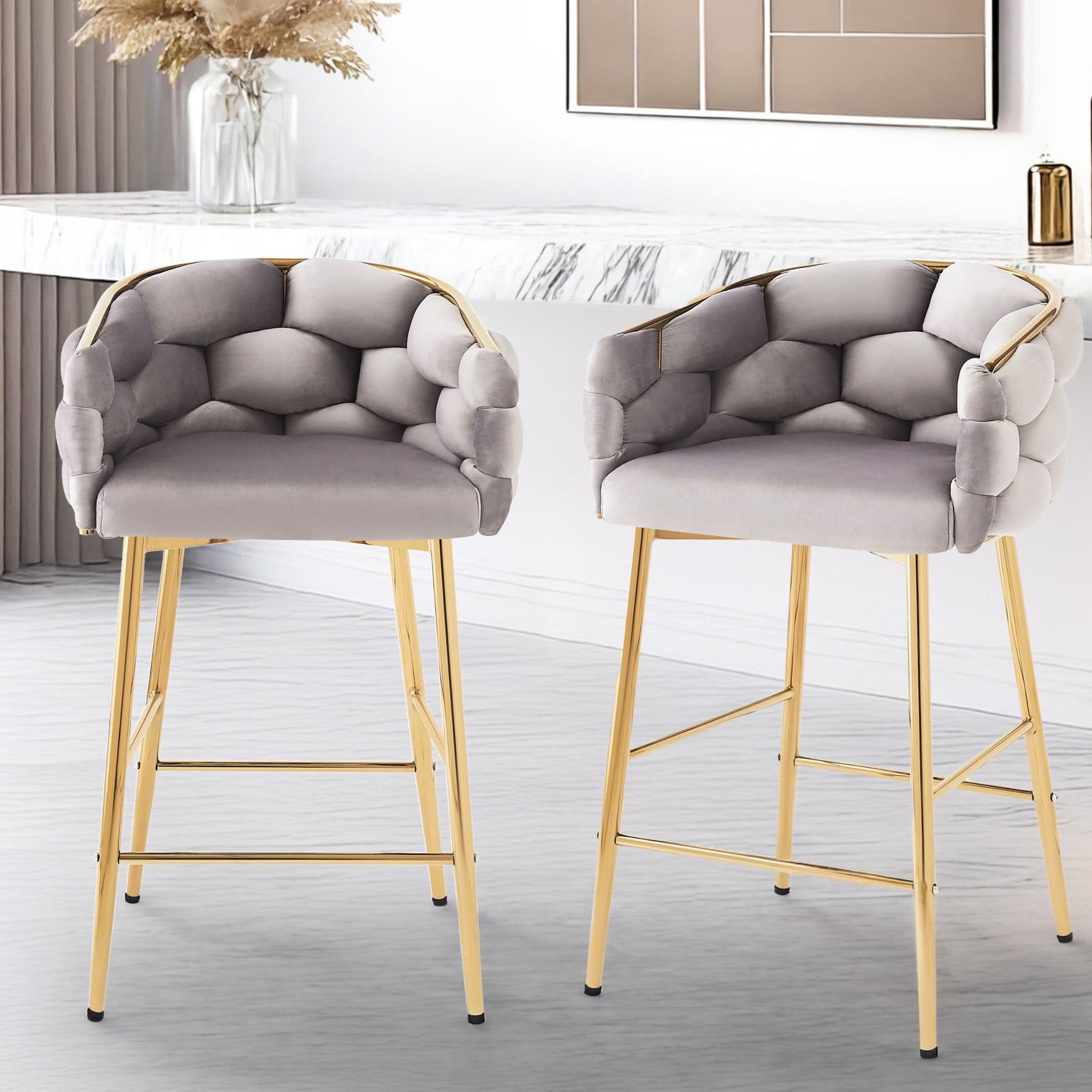Gray Counter Stools Set of 2 with Metal Legs / Stable and Comfortable ...