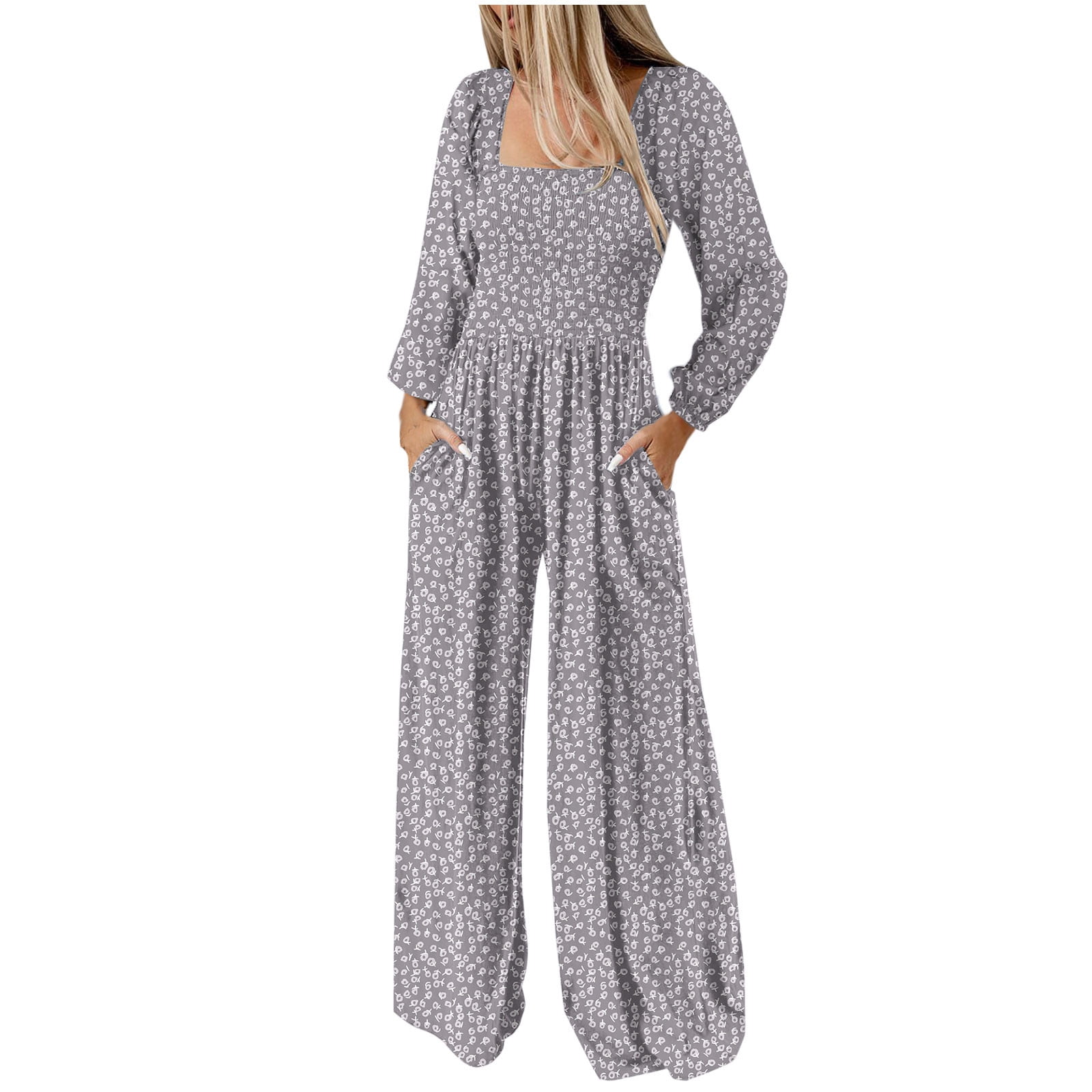 Gray Coveralls for Women Summer Fall Floral Graphic Loose Fit Lounge ...