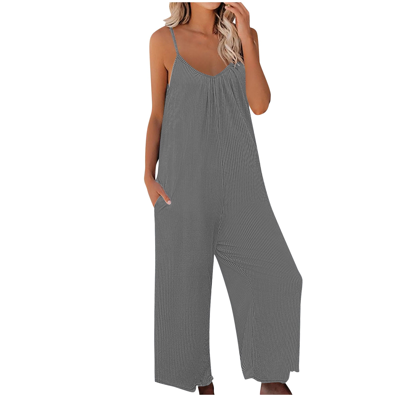Gray Coveralls for Ladies Summer Fall Loose Fit Lounge Crochet Striped ...