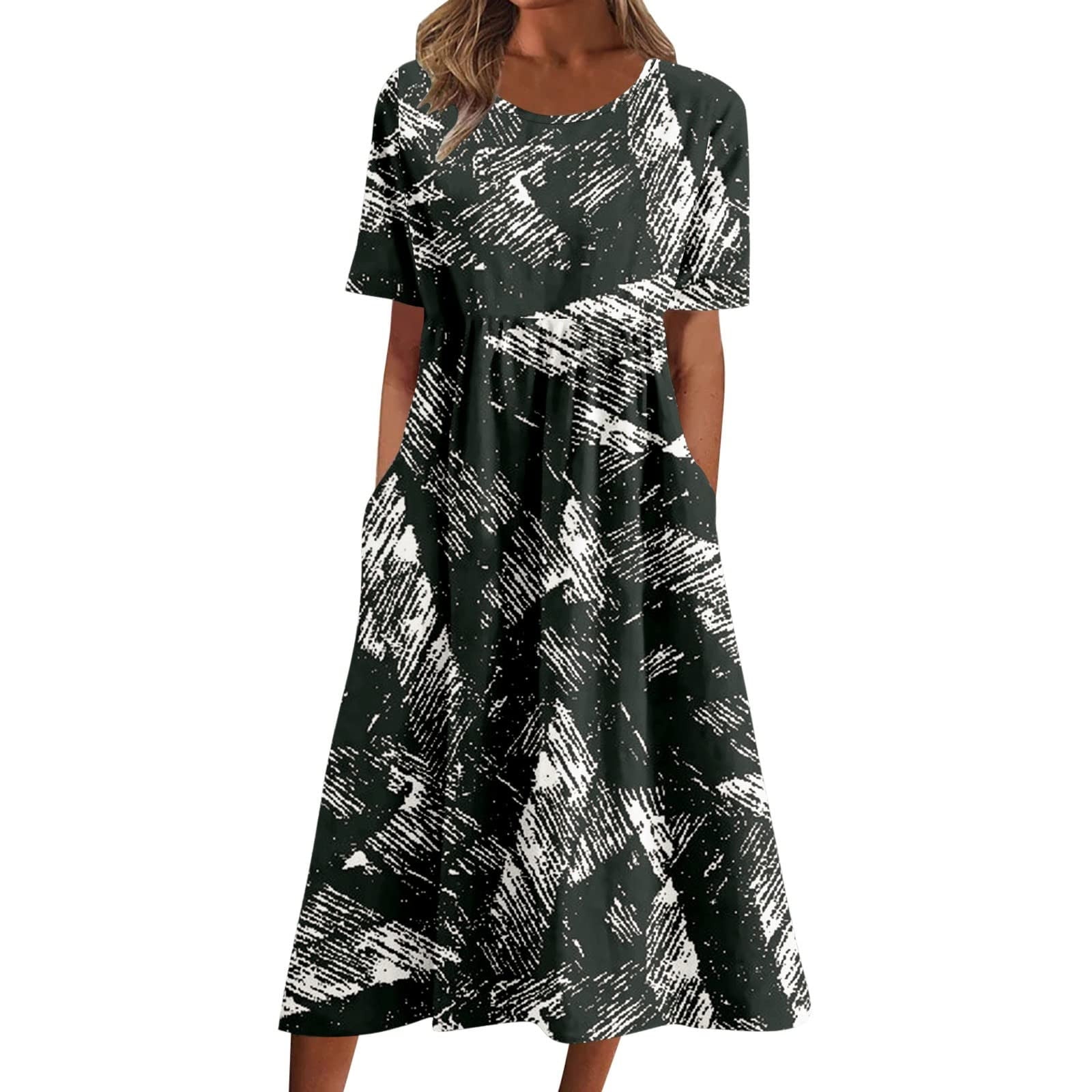 Gray Crewneck Dresses for Women Fall Summer Short Sleeve Floral Print ...