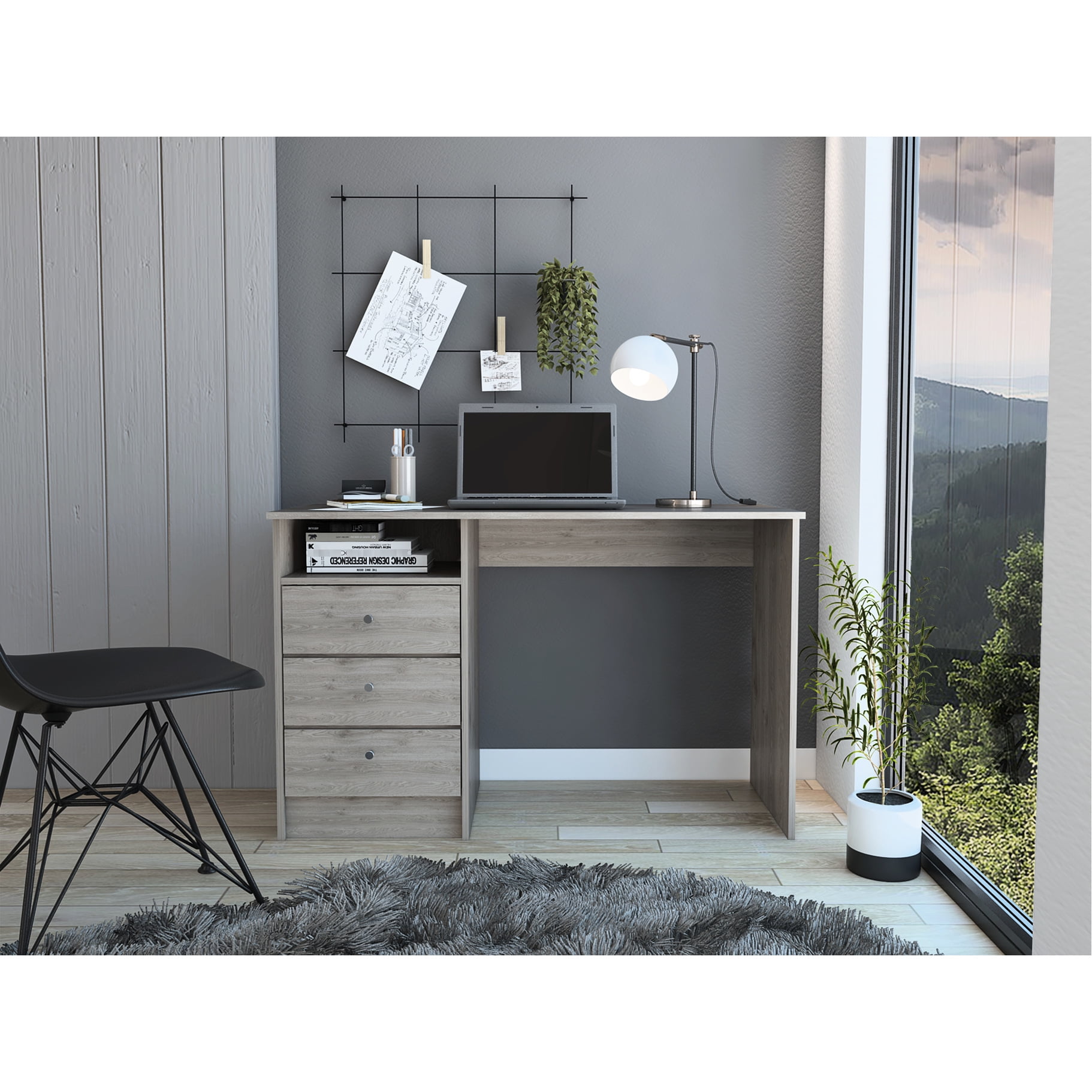 Gray Desk With Touch - 3 Drawers And Shelf For Work Area Drawer Modern ...