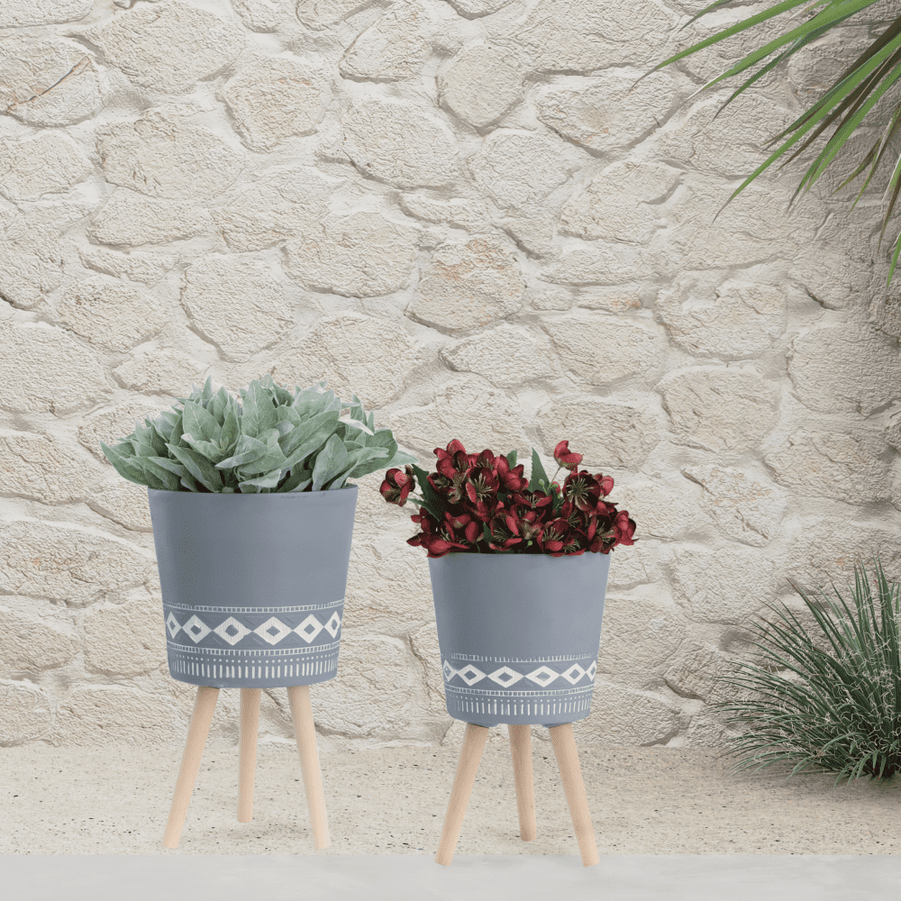 Gray Diamond Planters Wood Legs Set of 2 10/12 Inch Indoor Outdoor Pots ...