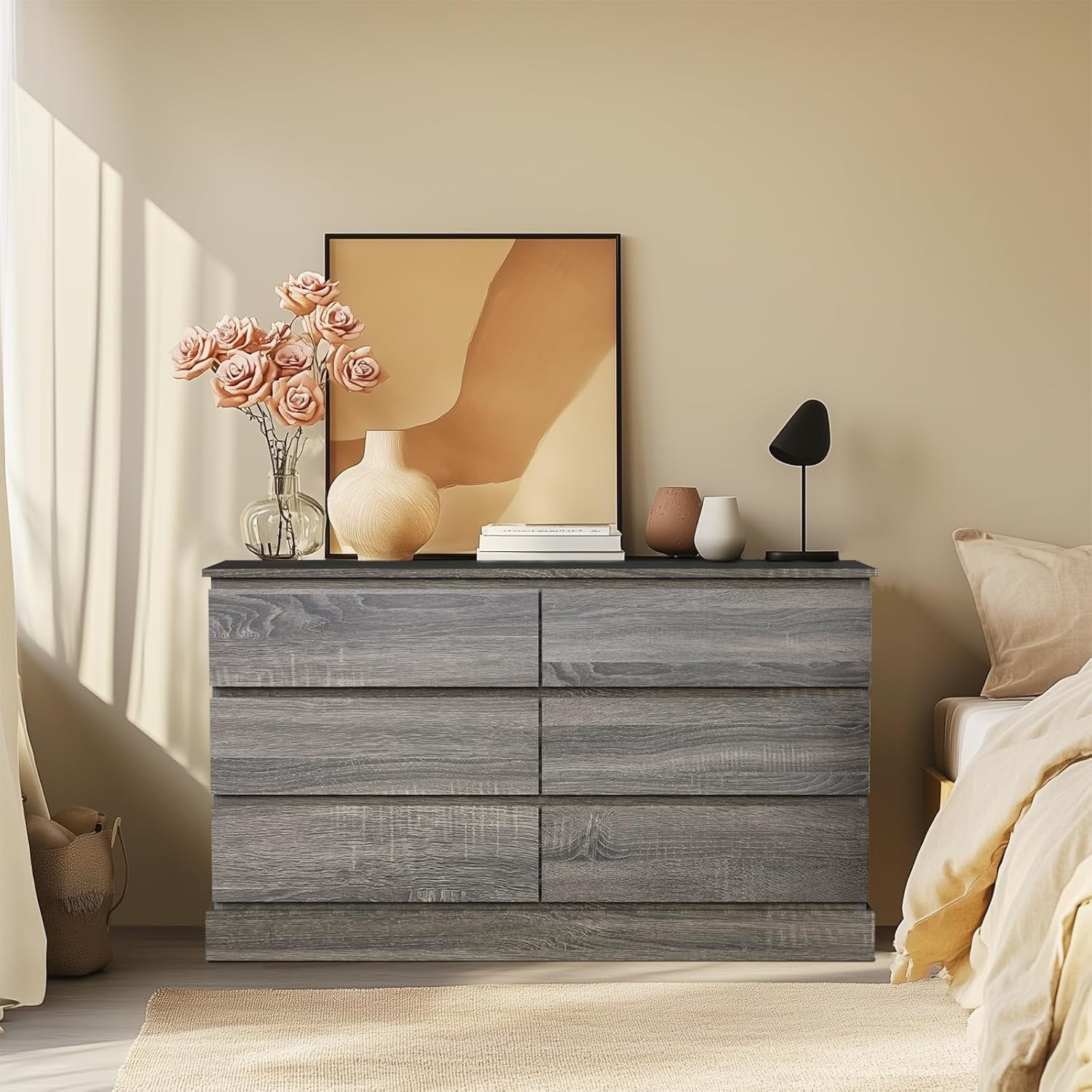 Gray Dresser for Bedroom, Modern 6 Drawer Dresser, Freestanding Wood ...