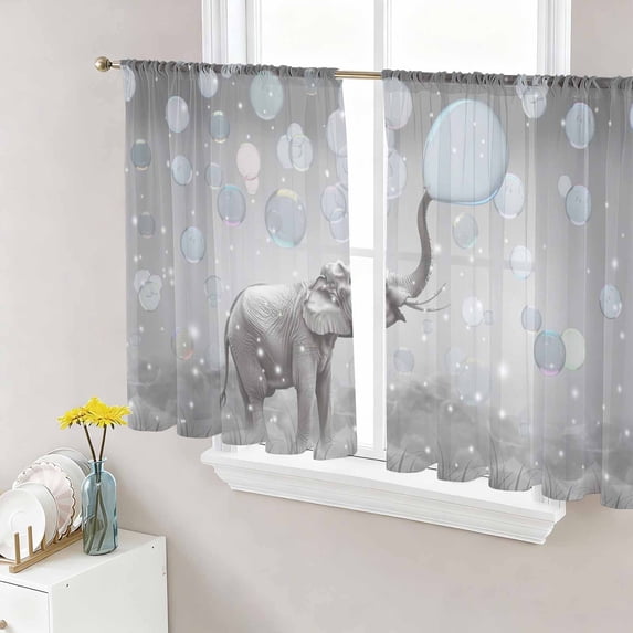 Gray Elephants Sheer Curtains 54 Inch Length 2 Panels Set Window ...