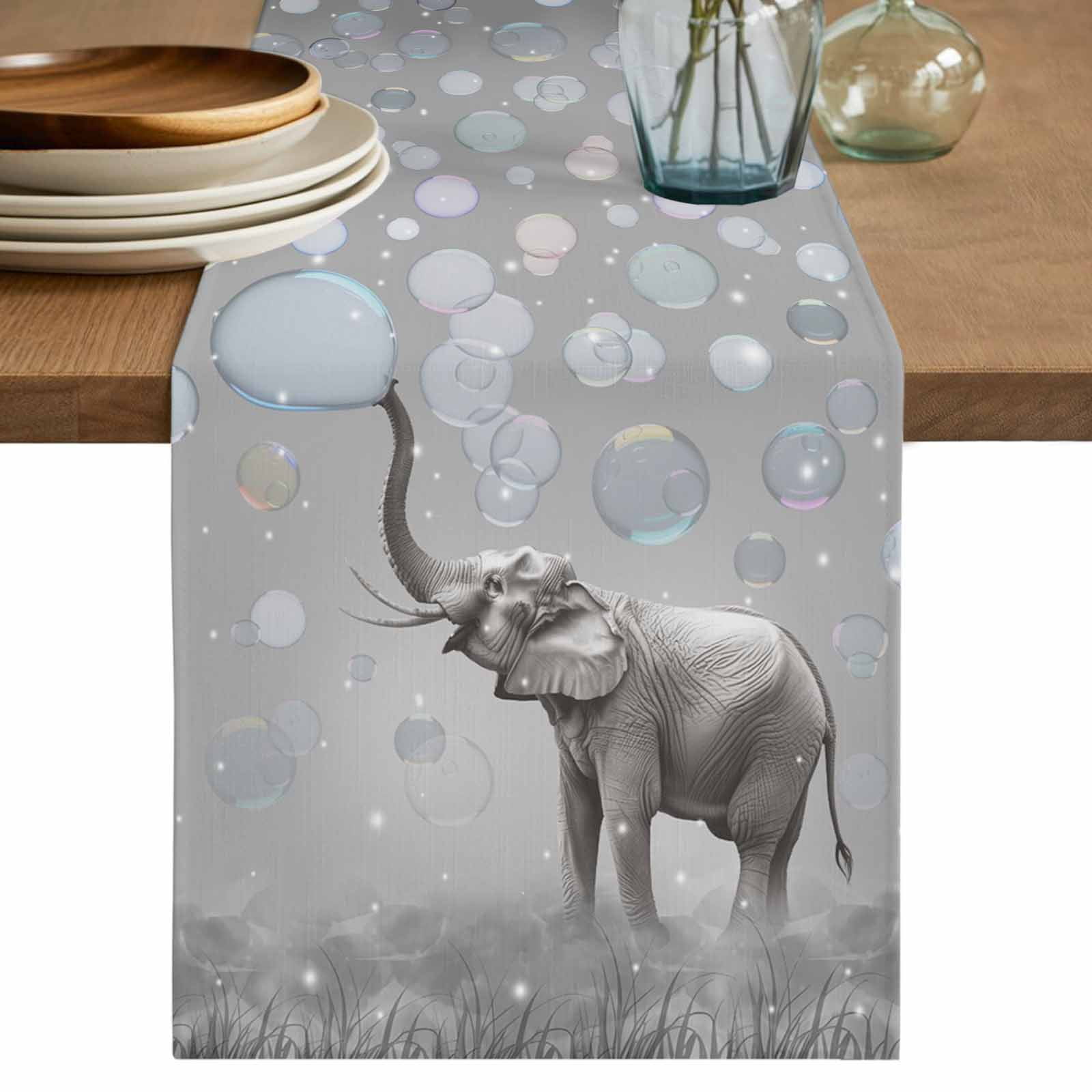 Gray Elephants Table Runner 90 Inches, Modern Vintage Elephants Blowing ...