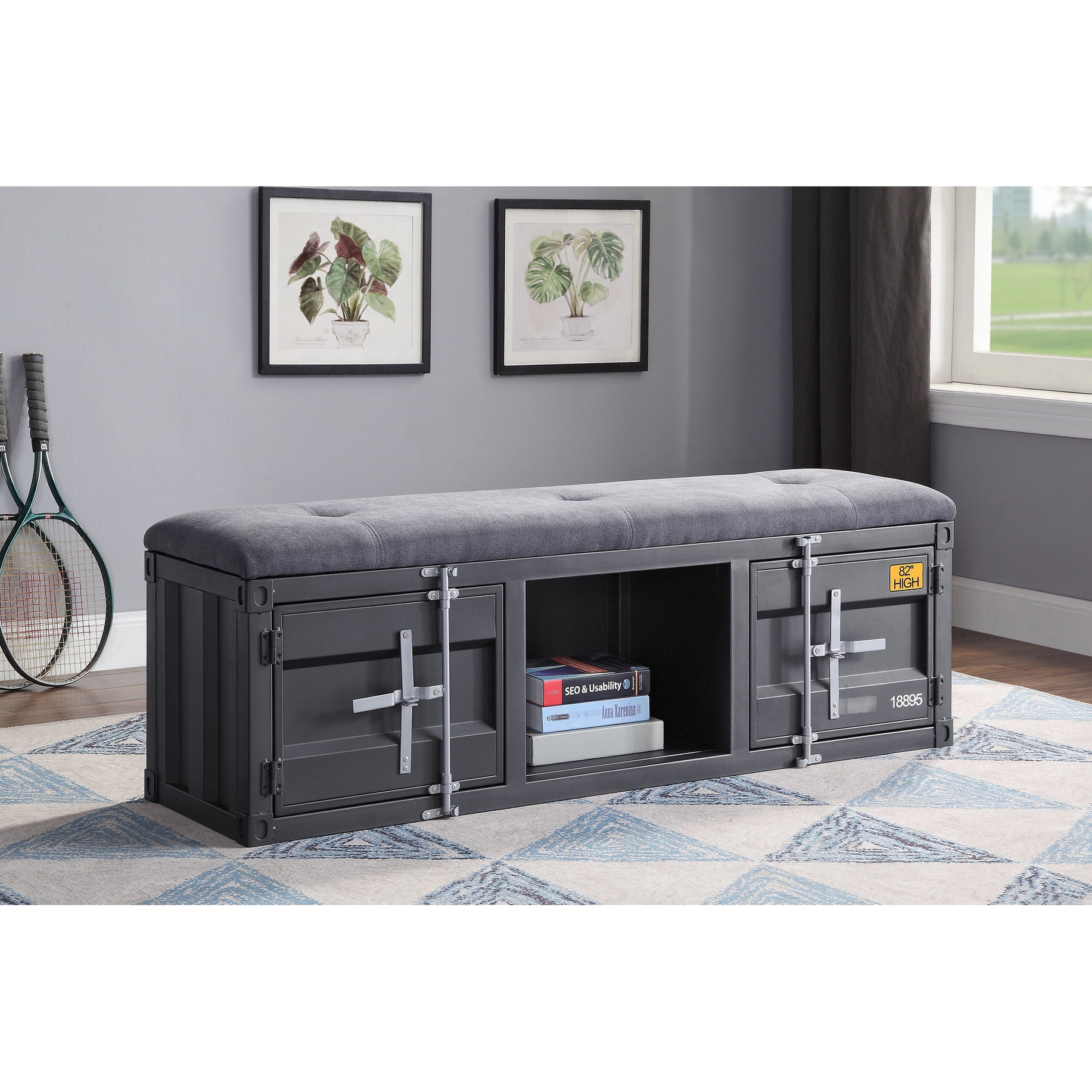 Gray Fabric Bench with Open Compartment Storage - Comfortable Place to ...