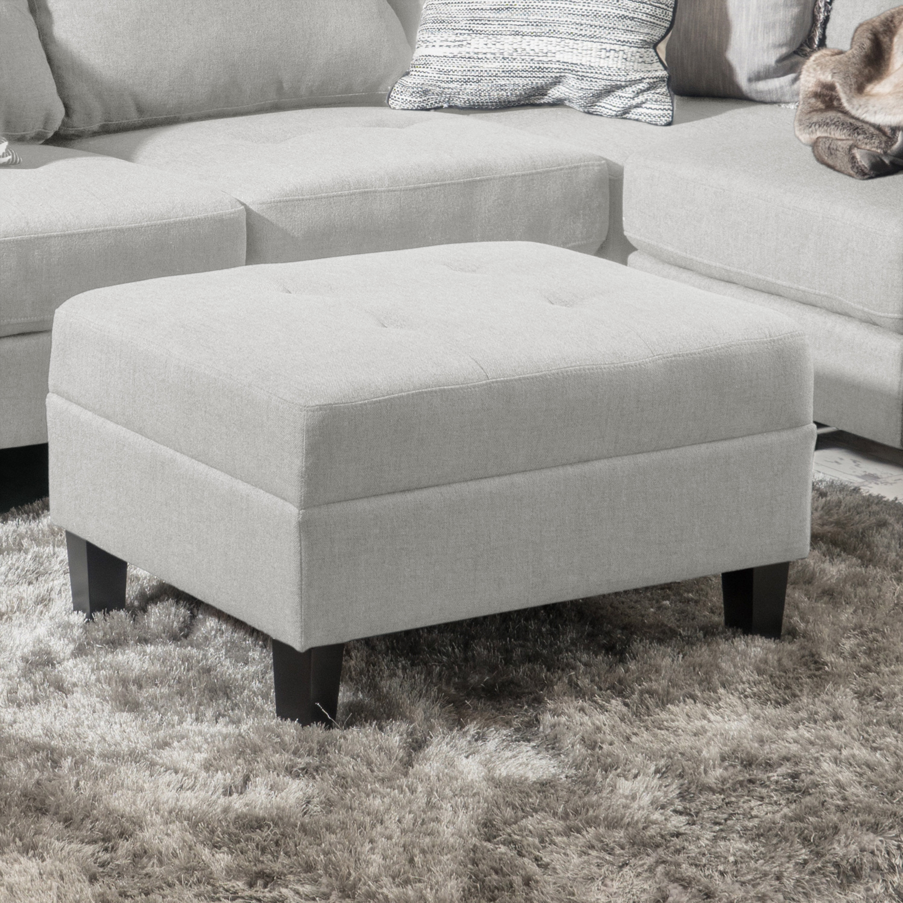 Gray Fabric Ottoman with Birch Wood Legs - 28" Large Storage Footrest ...