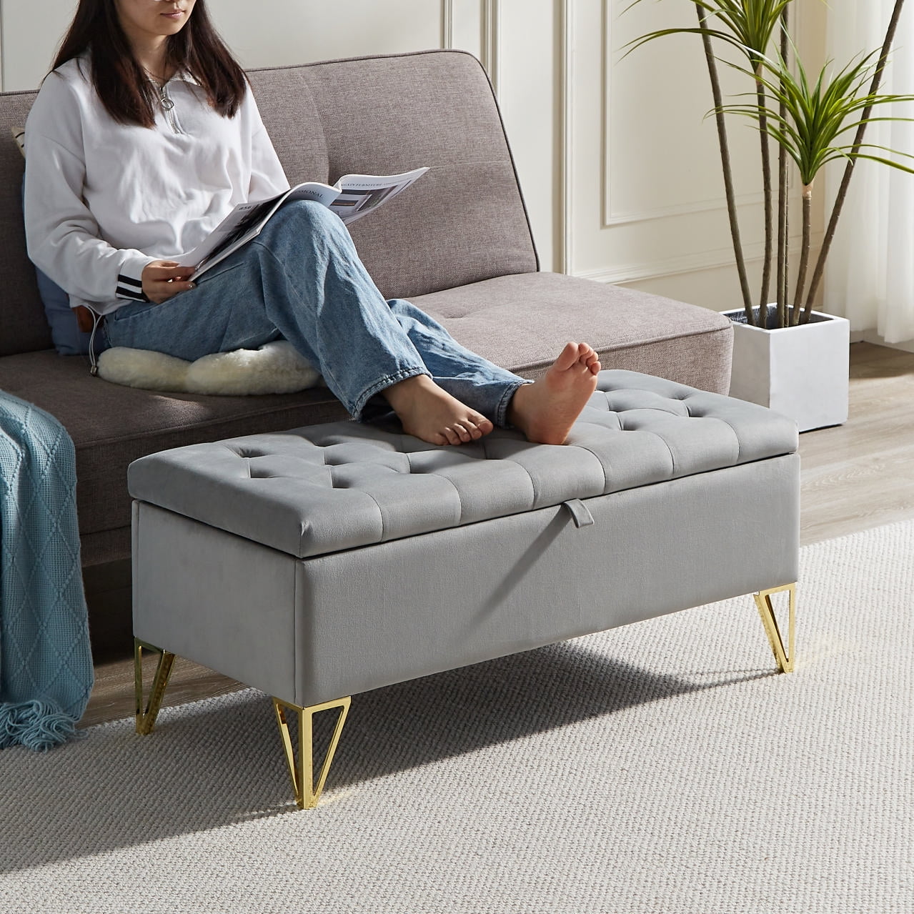 Gray Fabric Storage Ottoman with Large Storage Capacity - Comfortable ...