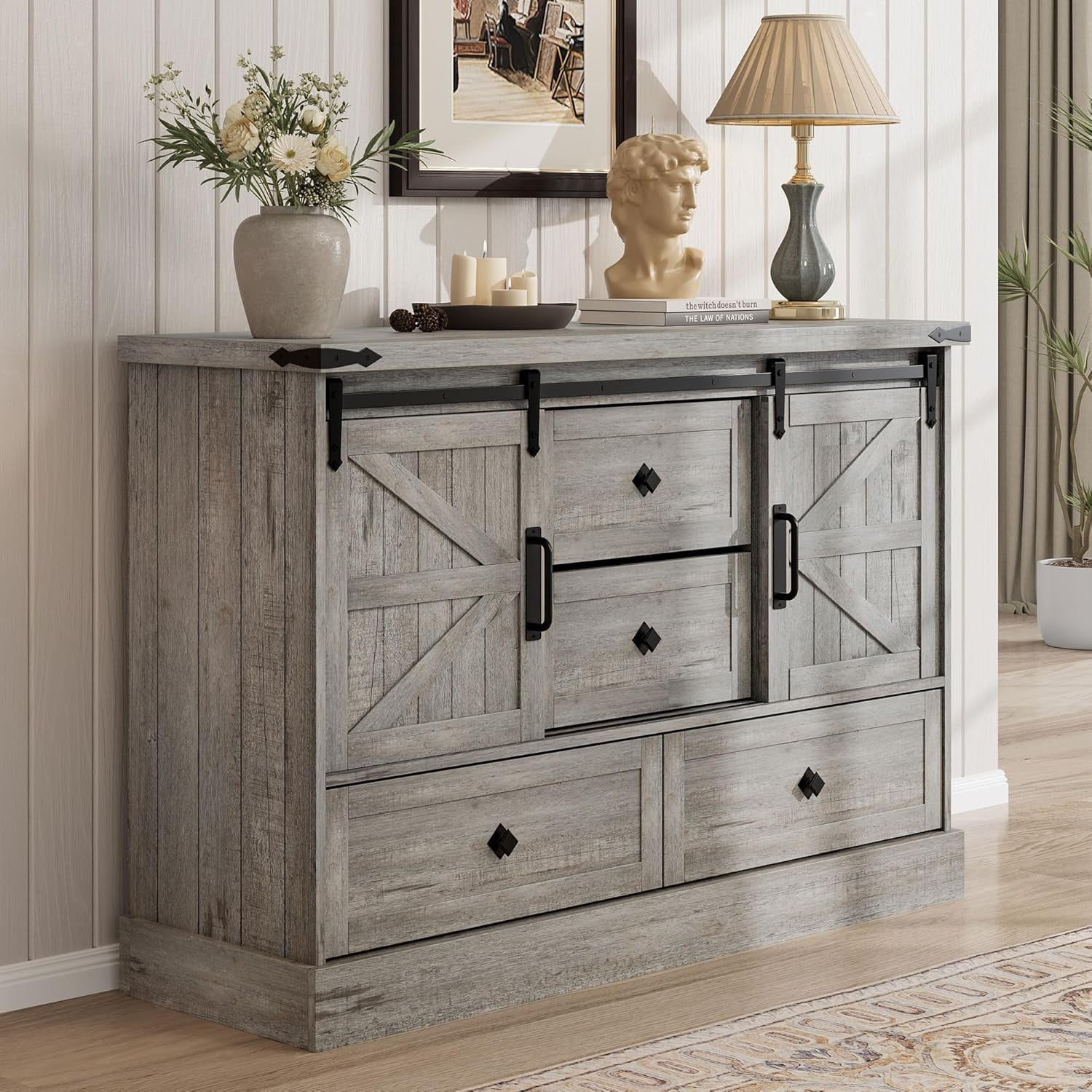Gray Farmhouse 4 Drawer Dresser with Sliding Barn Doors 45in Wood ...