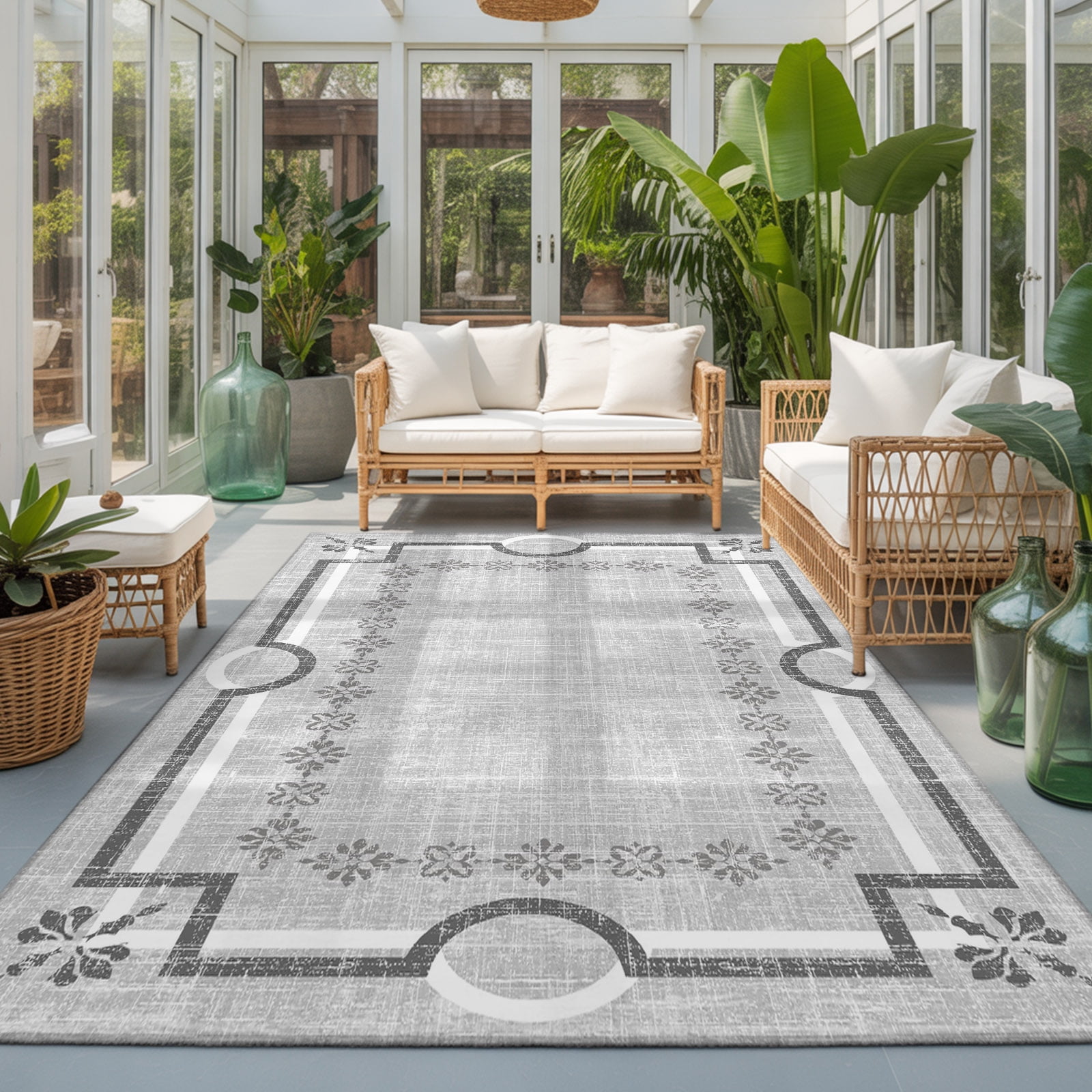 Gray Farmhouse Washable Living Room Rugs 5'x8', Linen Texture Geometric ...