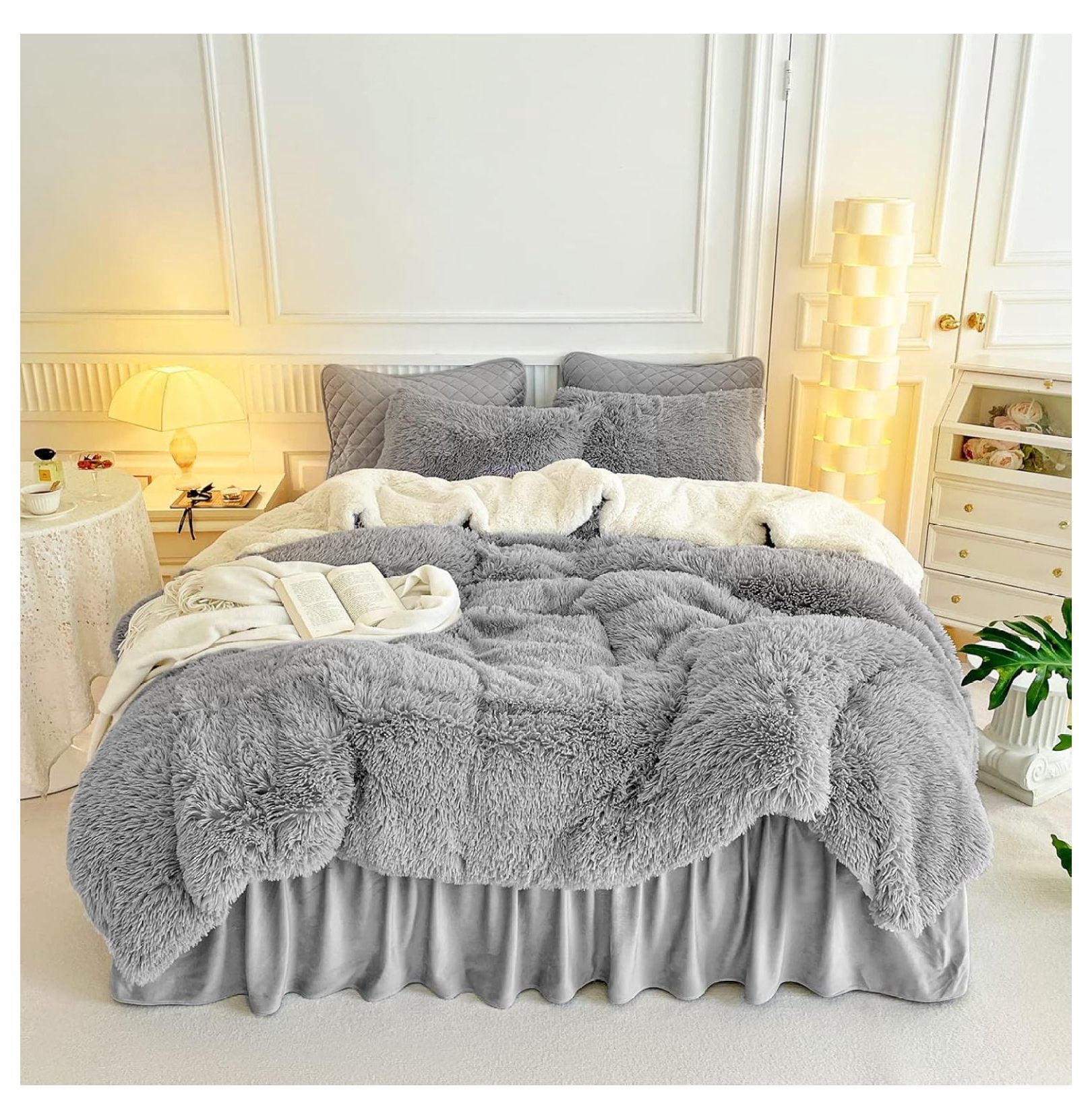 Gray Faux Fur Comforter Set Full/Queen 3 Pieces - 1 Shaggy Comforter ...