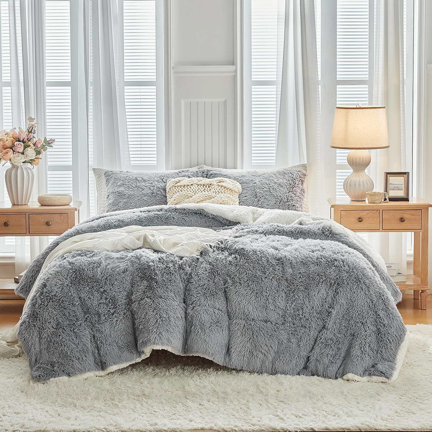 Gray Faux Fur Comforter Set Full/Queen 3 Pieces - 1 Shaggy Comforter ...