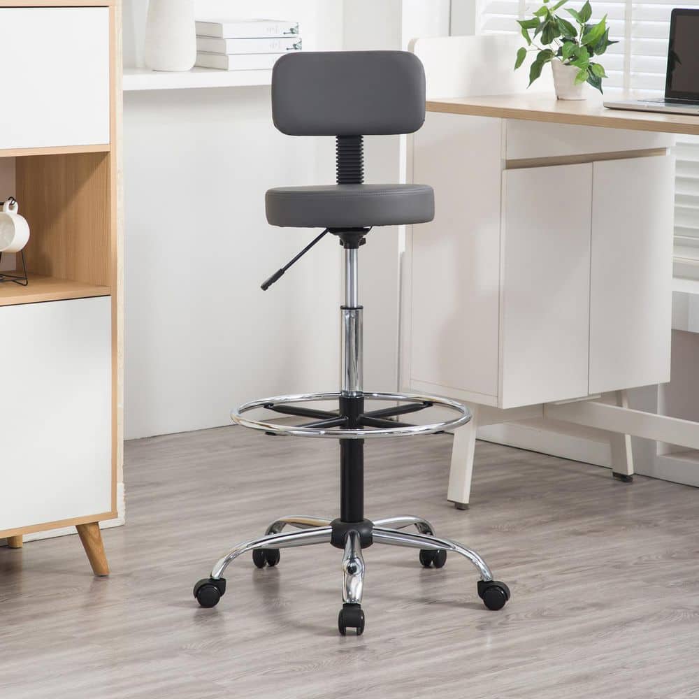 Gray Faux Leather Drafting Stool for Office, Studio, Adjustable Height ...