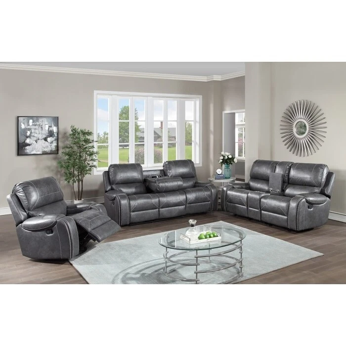 Gray Faux Leather Manual Reclining 3Pc Sofa Set w/ USB Ports, 2 PowerOutlet, Storage Console ...