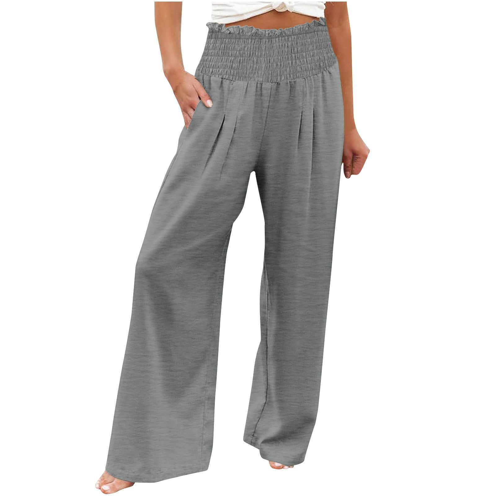 Gray Faux Linen Pants for Ladies Fall Summer Loose Fit Brunch High Leg ...