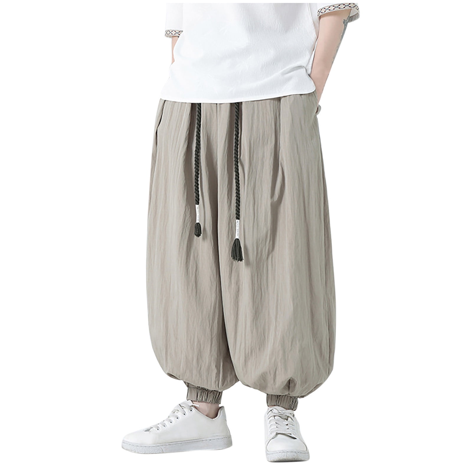 Gray Faux Linen Trousers Pants for Man Fall Summer Loose Fit Work Out ...