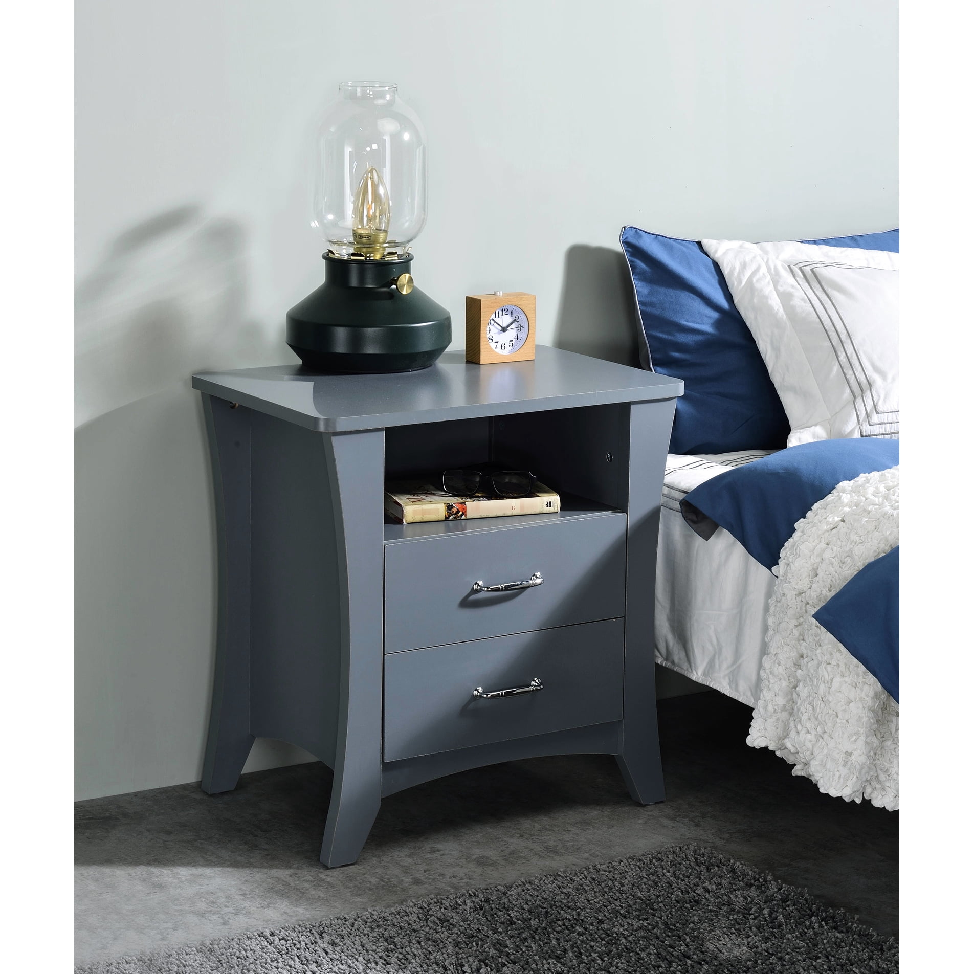 Gray Finish Nightstand With 2 Drawers And Open Compartment For Bedroom ...