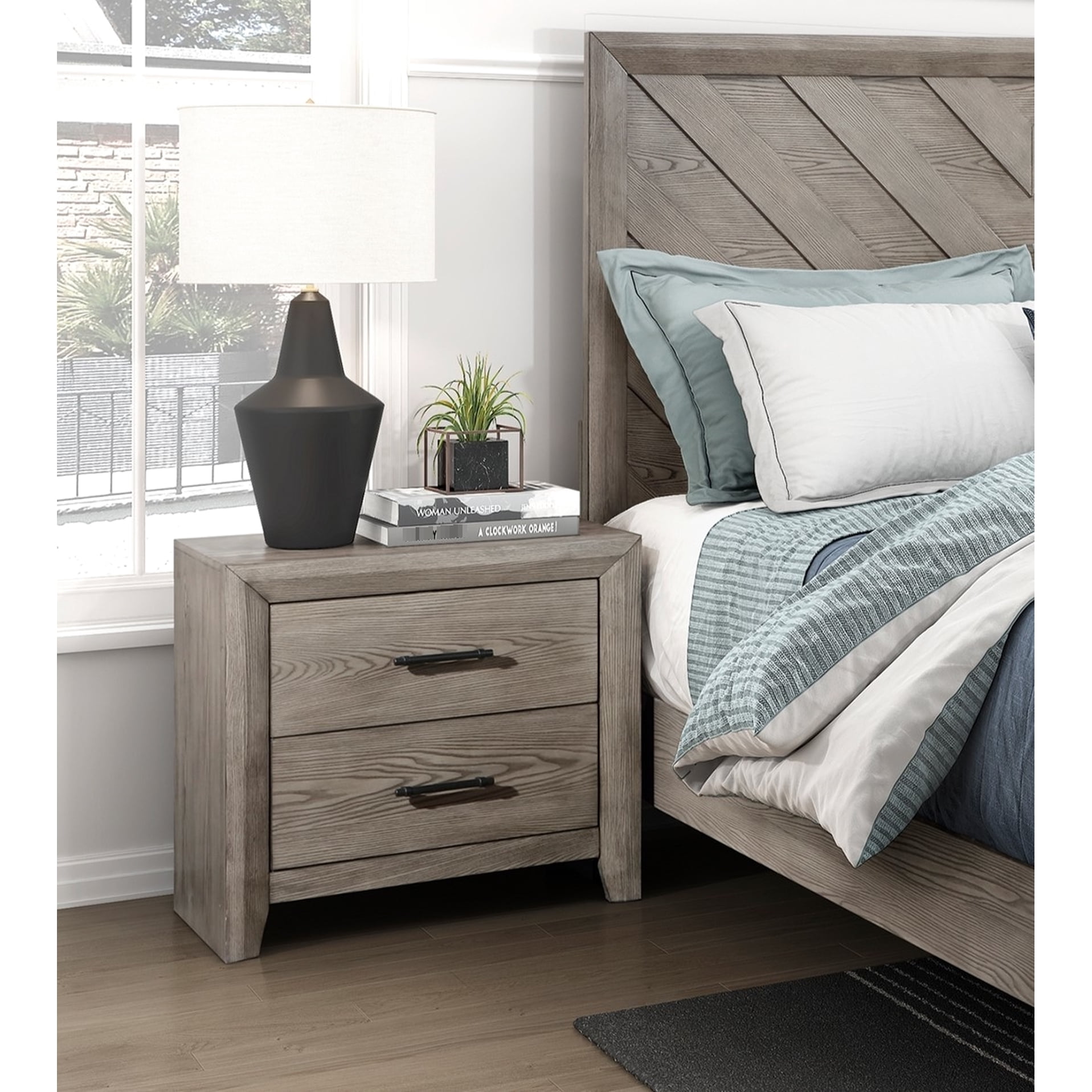 Gray Finish Nightstand With 2 Drawers - Modern Rustic Bedroom Furniture ...