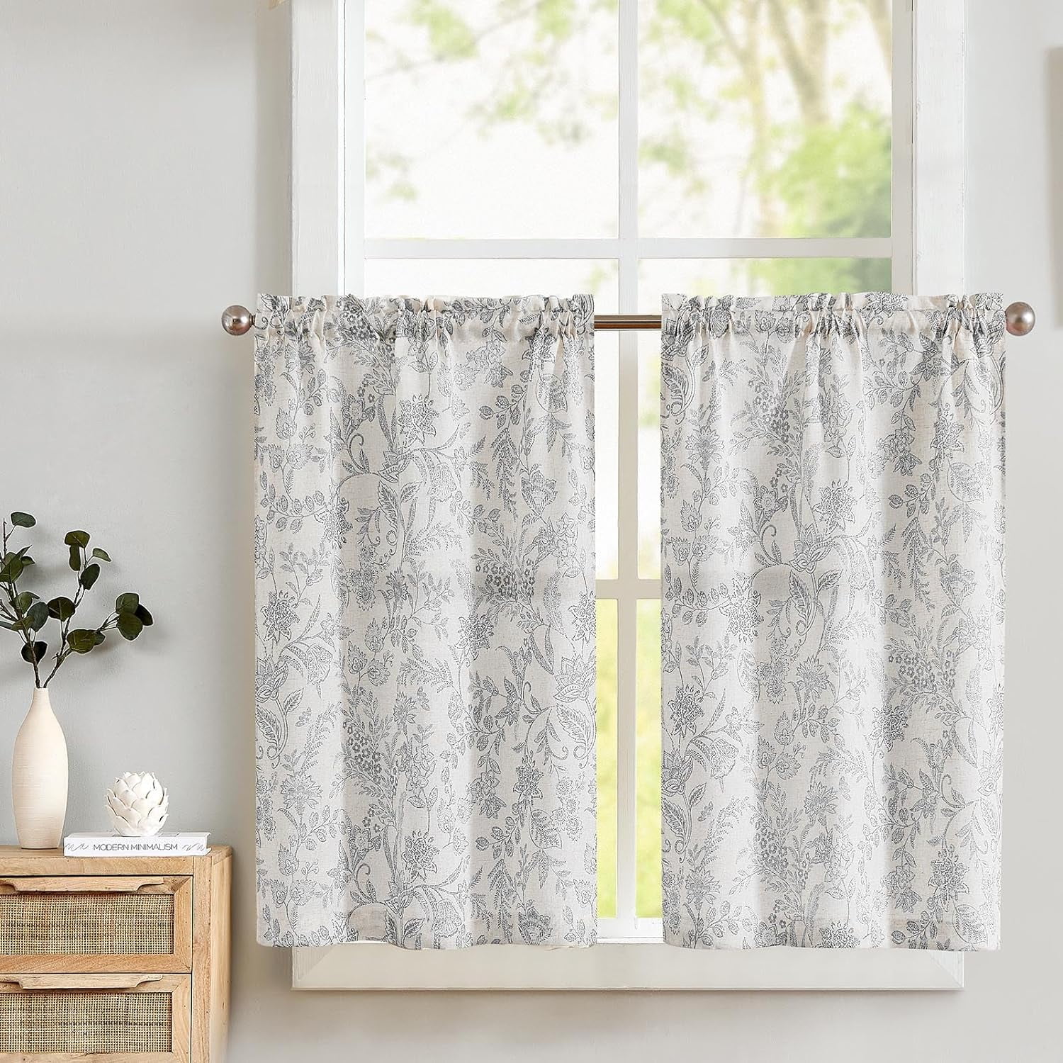 Gray Floral Kitchen Curtains 36 Inch Length, Linen Farmhouse Cafe ...