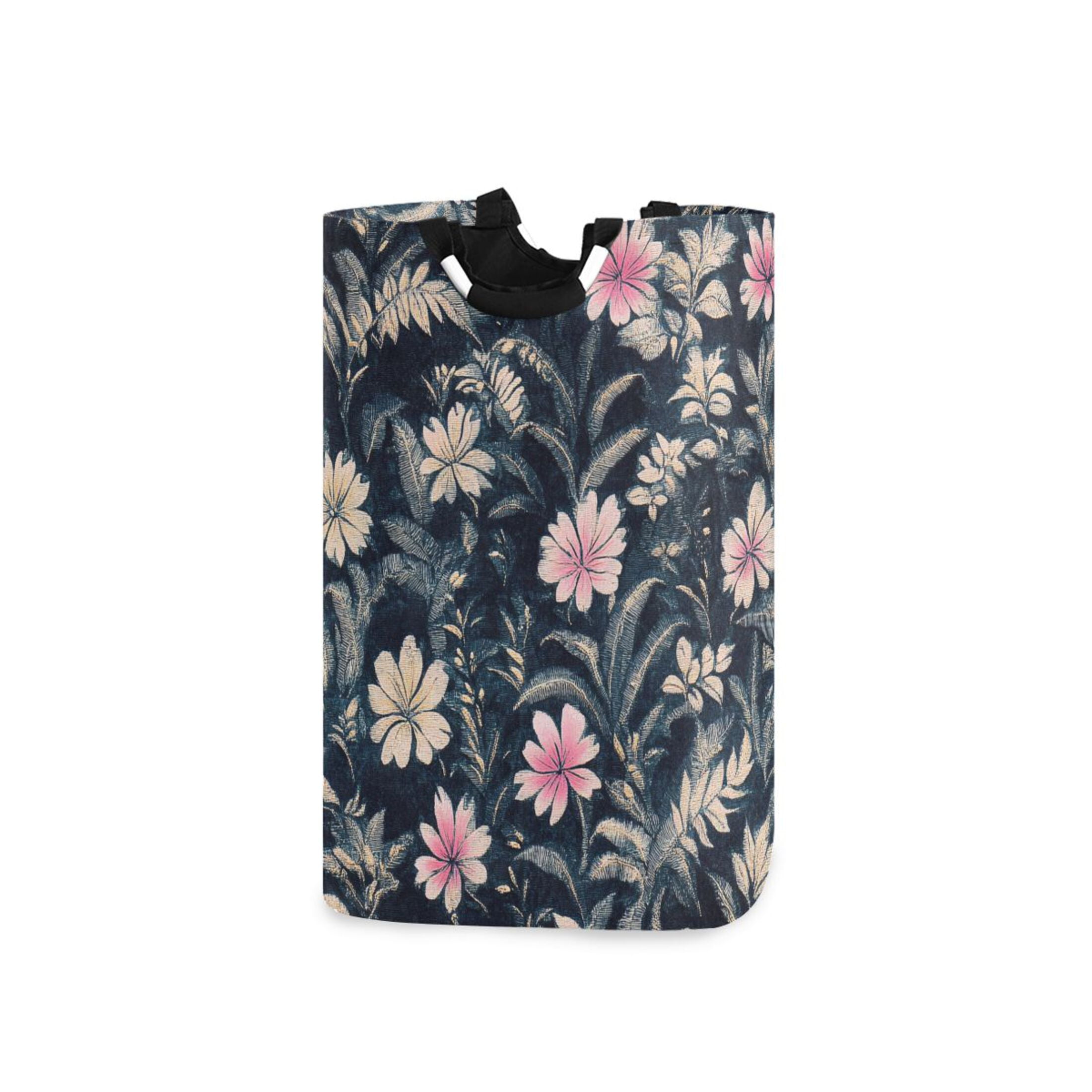 Gray Floral Print Laundry Basket with Handles 50L Collapsible Laundry ...