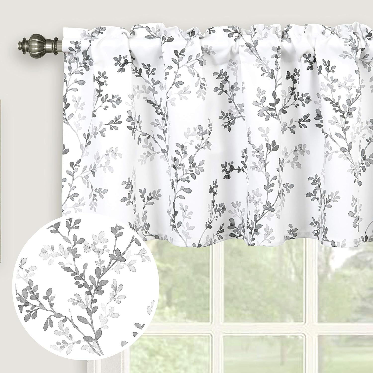 Gray Floral Valance Watercolor Botanical Flowers Leaves Printed ...