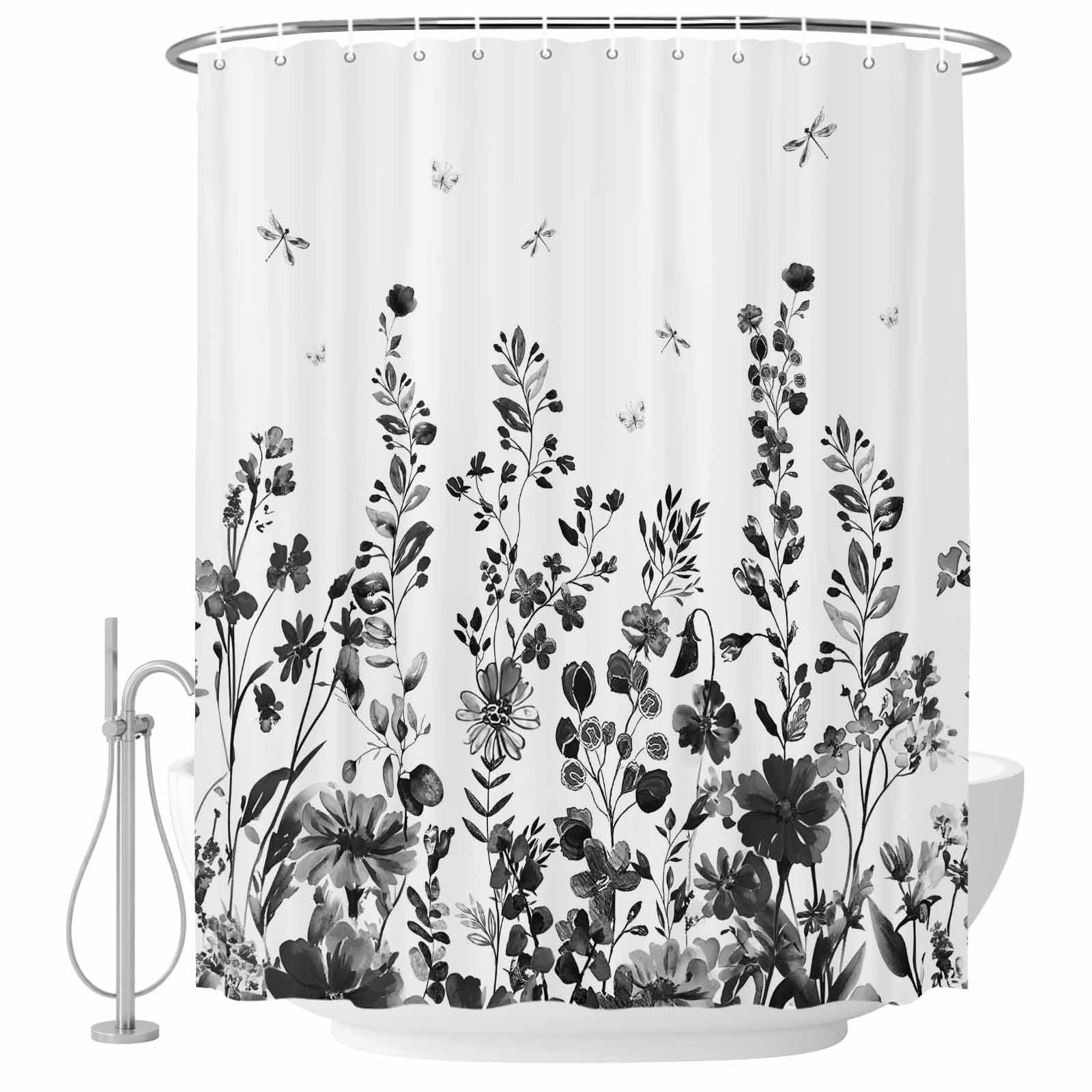 Gray Flower Bathroom Shower Curtains with Hooks, Dragonfly Leaf Bud Ink ...