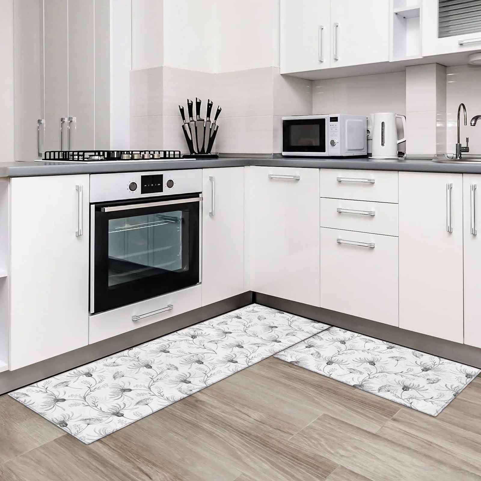 Gray Flowers 2 Pieces Non-Slip Kitchen Mat Set Abstract Floral Plants ...