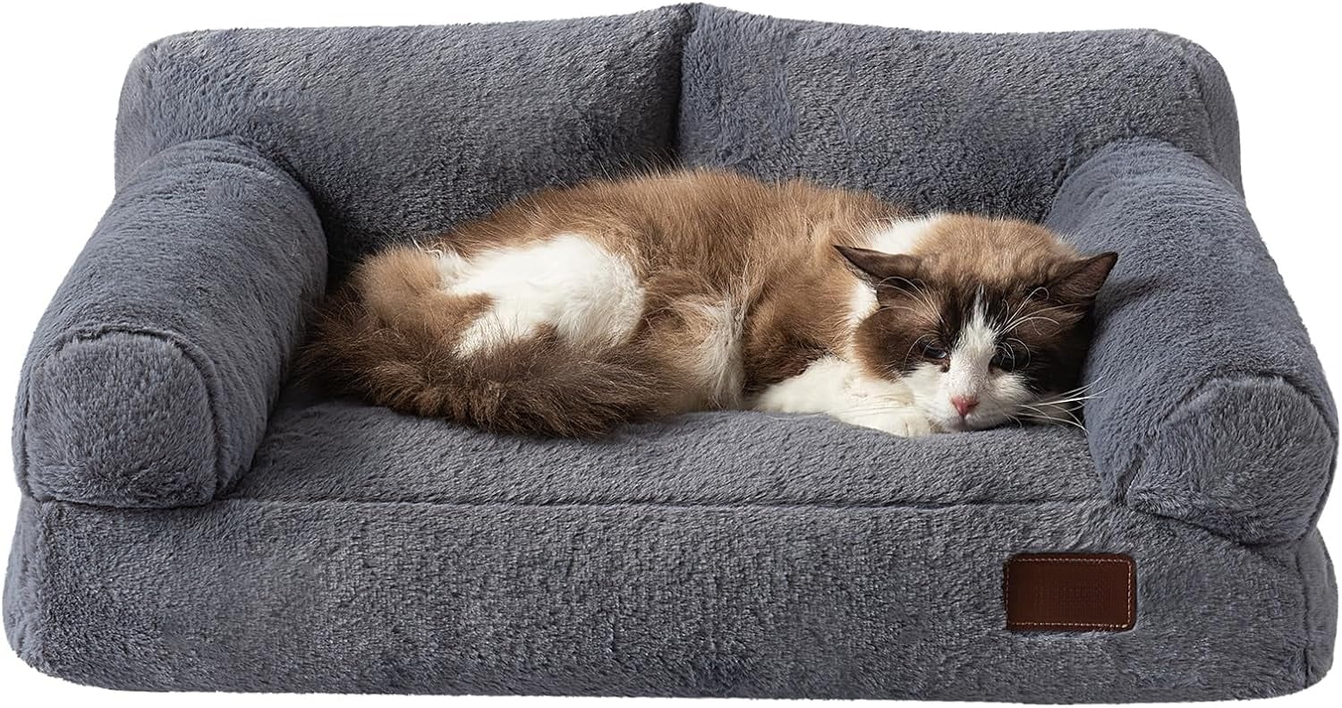 Gray Fluffy Plush Calming Pet Sofa Bed – Soft Couch for Small & Medium ...