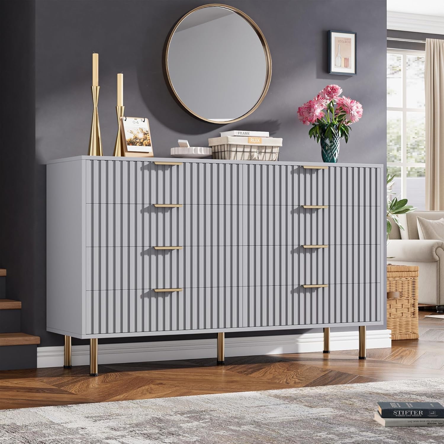 Gray Fluted 8 Drawer Dresser for Bedroom - 54inch Wide Modern Chest of ...