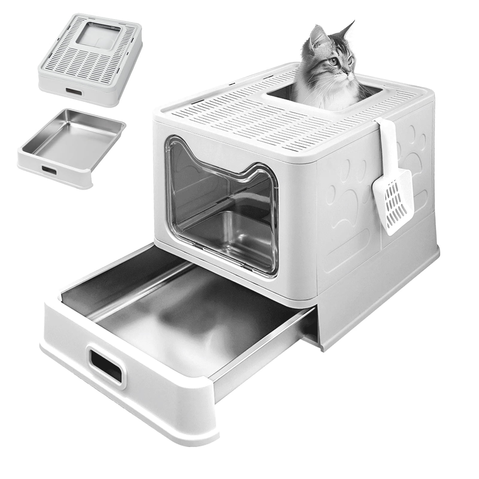 Gray - Foldable Enclosed Stainless Steel Cat Litter Box with Lid,Top ...