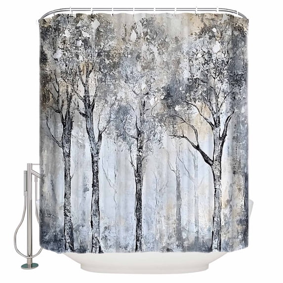 Gray Forest Bathroom Shower Curtains with 12 Hooks Polyester Waterproof ...