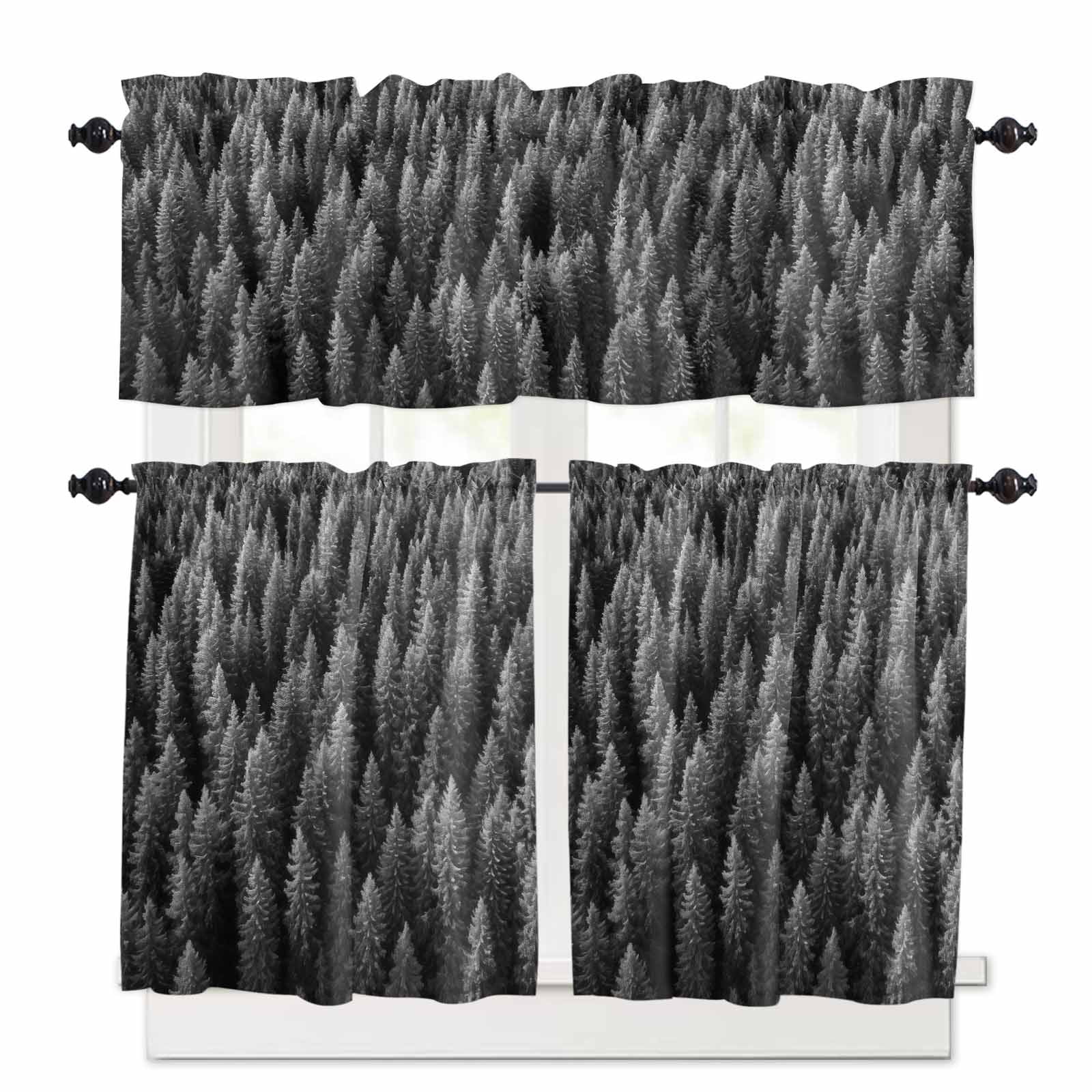 Gray Forest Pine Trees Kitchen Curtains and Valances Set, Rod Pocket ...
