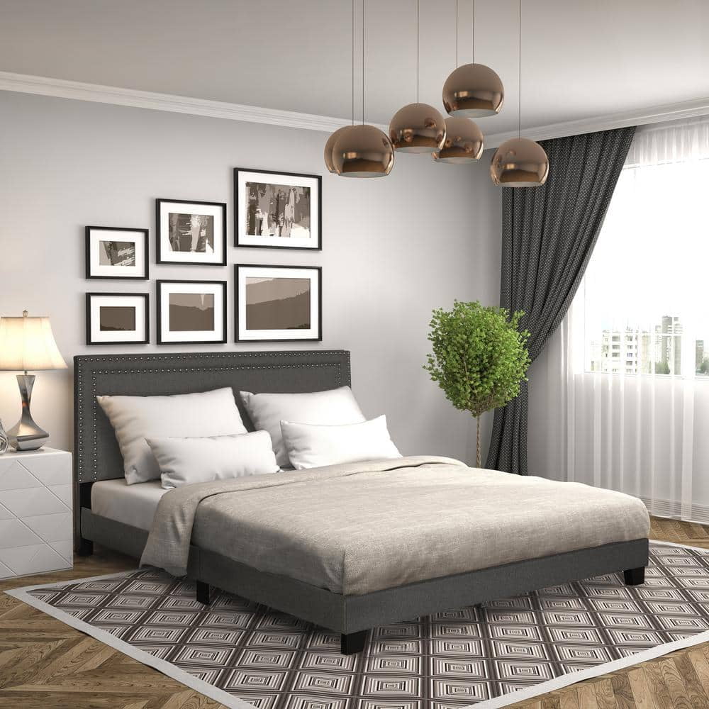 Gray Frame Laval Stone Queen Double Row Nail Head Platform Bed ...