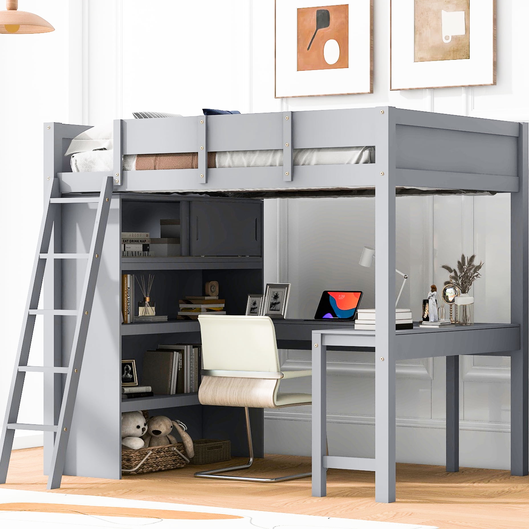 Gray Full Loft Bed With Desk And Shelf: Functional Bedroom Furniture ...