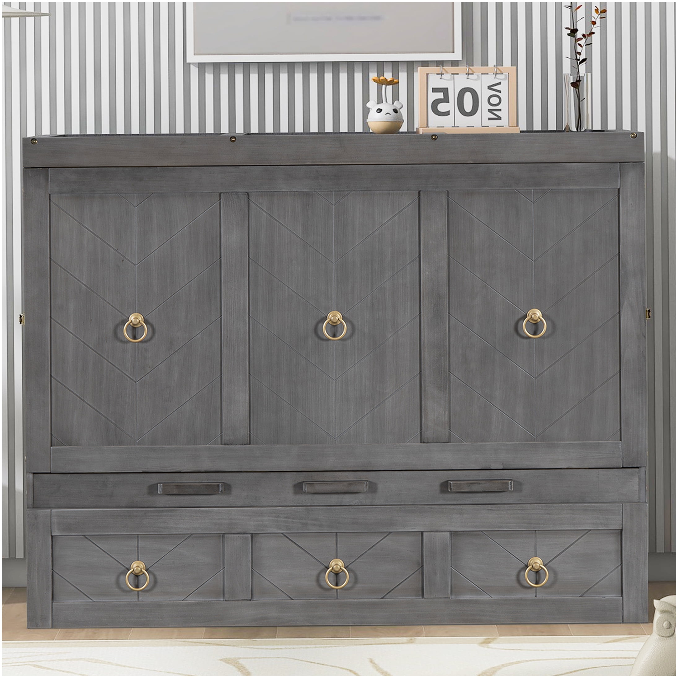 Gray Full Murphy Cabinet Bed with Charging Station, Space Saving Fold ...