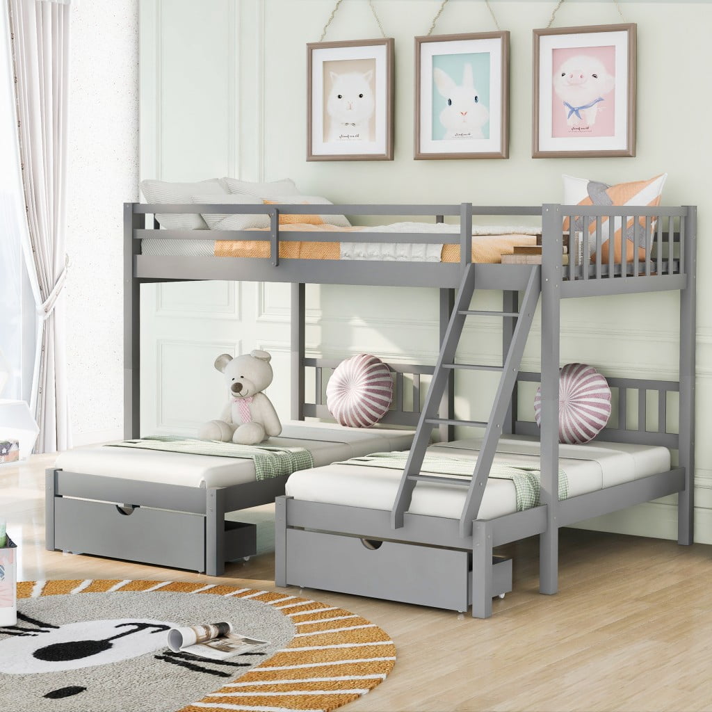 Gray Full Over Double Twin Triple Bunk Beds with Drawers - Walmart.com