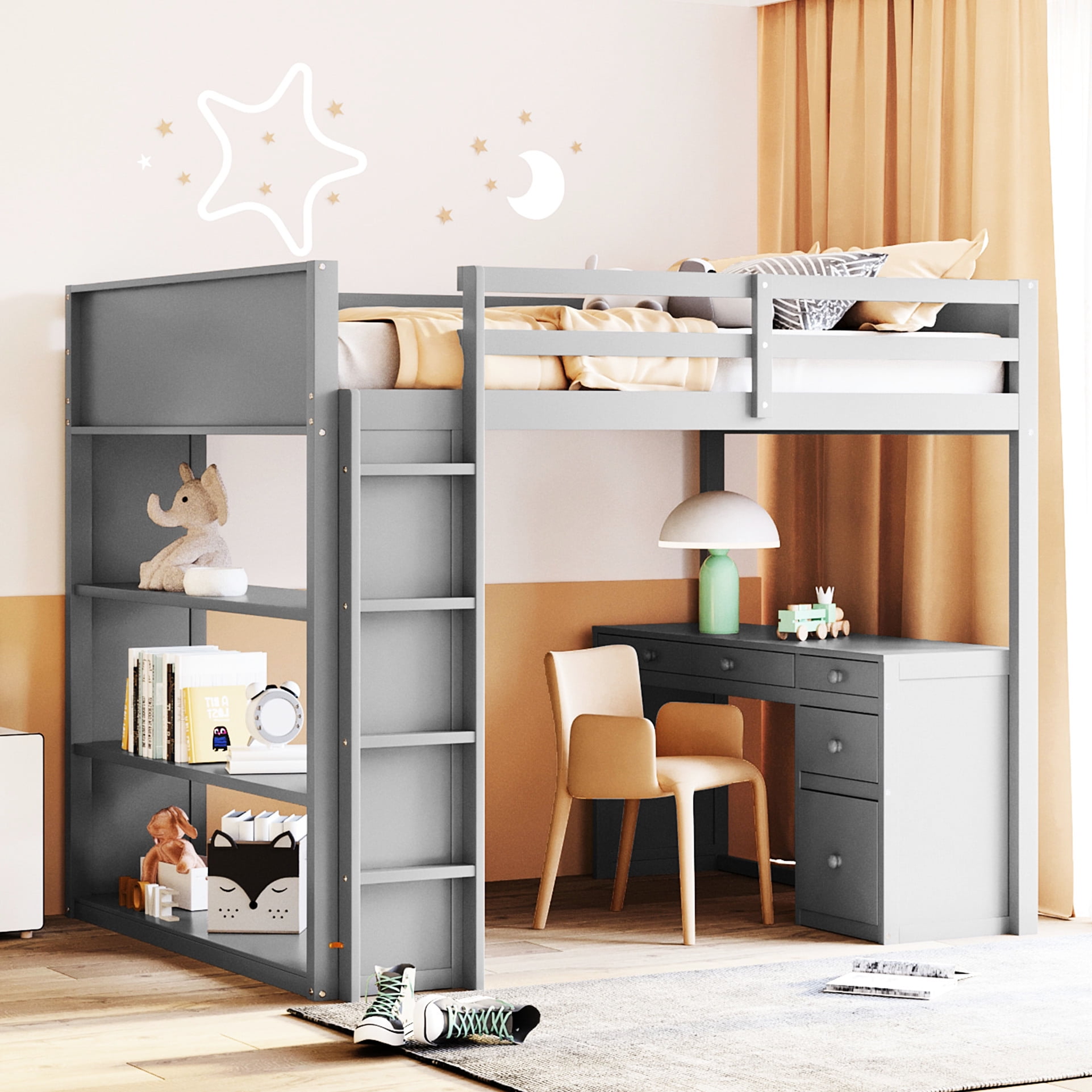 Gray Full Size Loft Bed With , Shelves & Desk - Make Of Bedroom Space ...