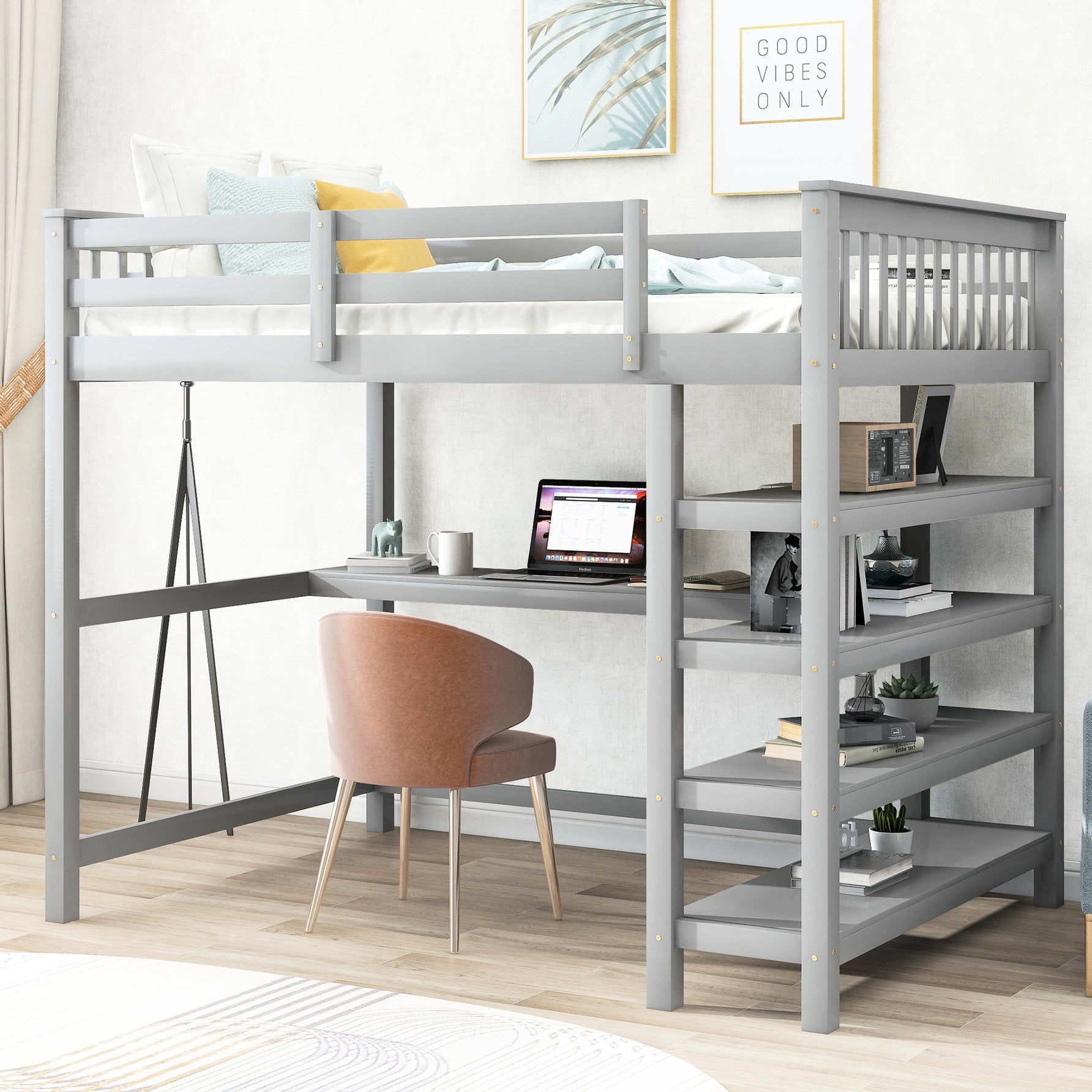 Gray Full Size Loft Bed, Stable | Bedroom with Integrated Desk and ...