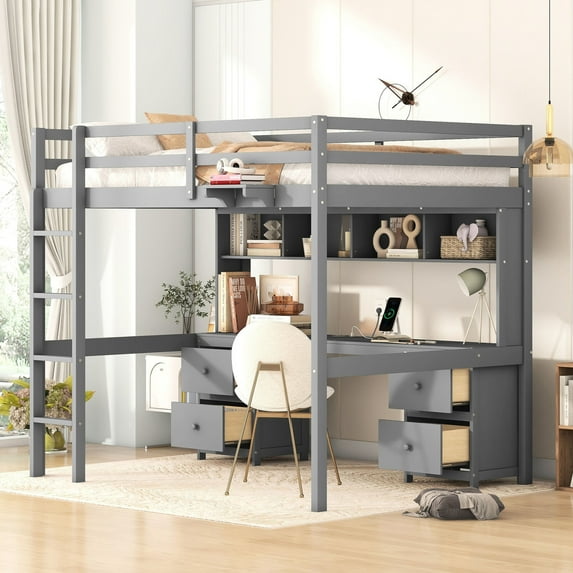 Gray Full Size Loft Bed With Integrated Desk, Storage Drawers ...