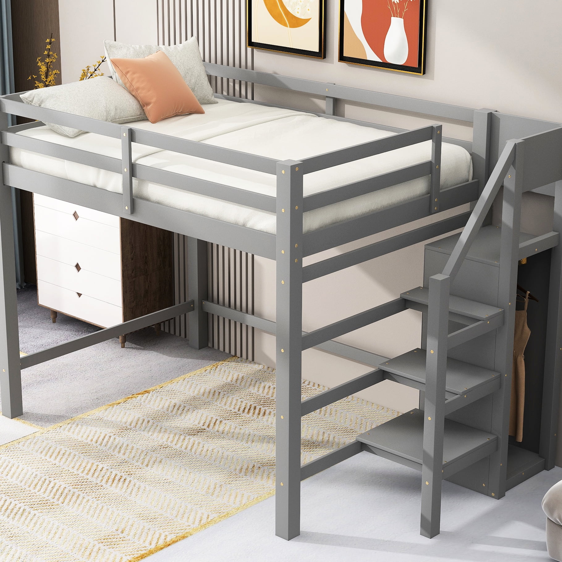 Gray Full Size Loft Bed With Practical Storage And Ascending Staircase ...