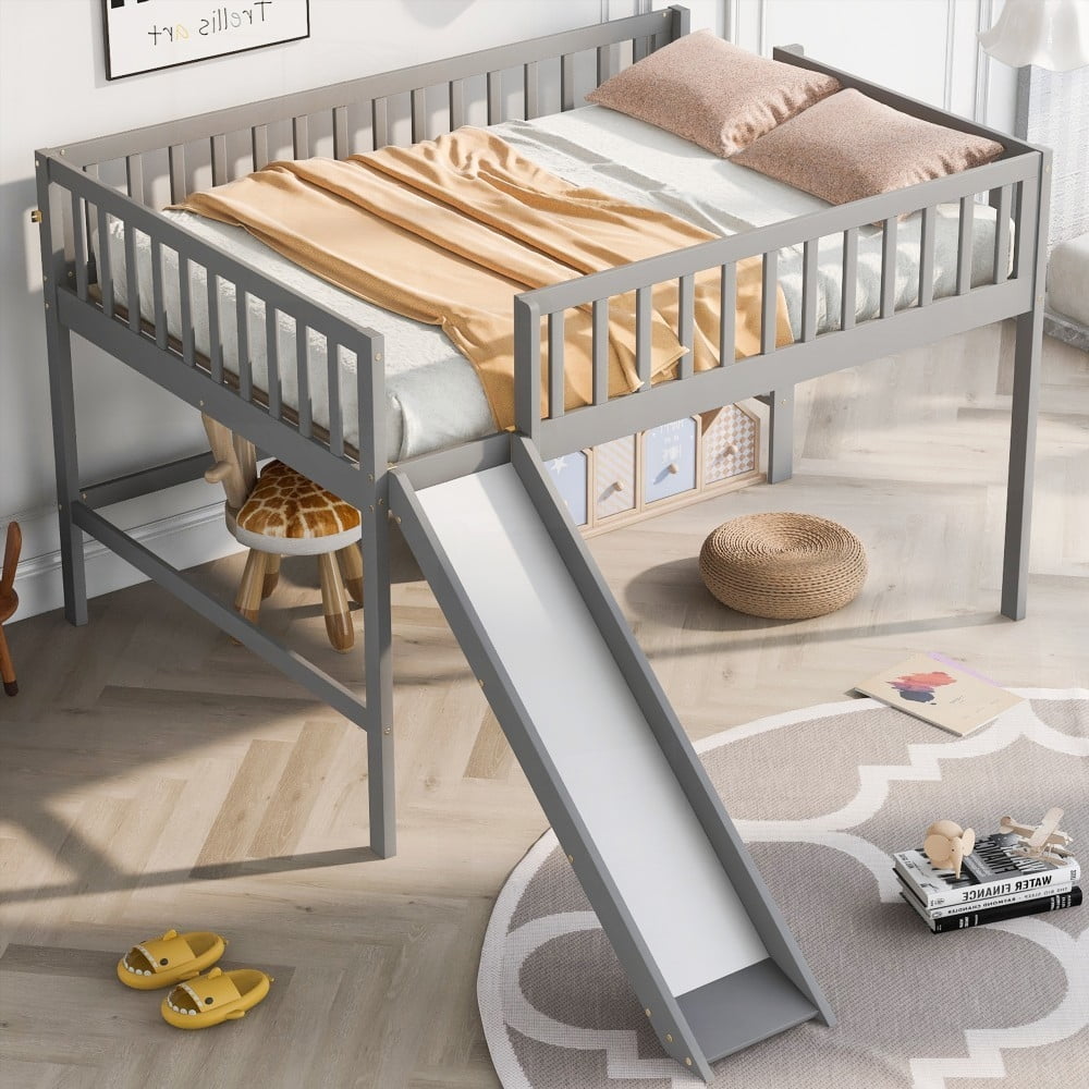 Full Size Pine Wood High-Rise Bed with Ladder and Slide,No Need for ...