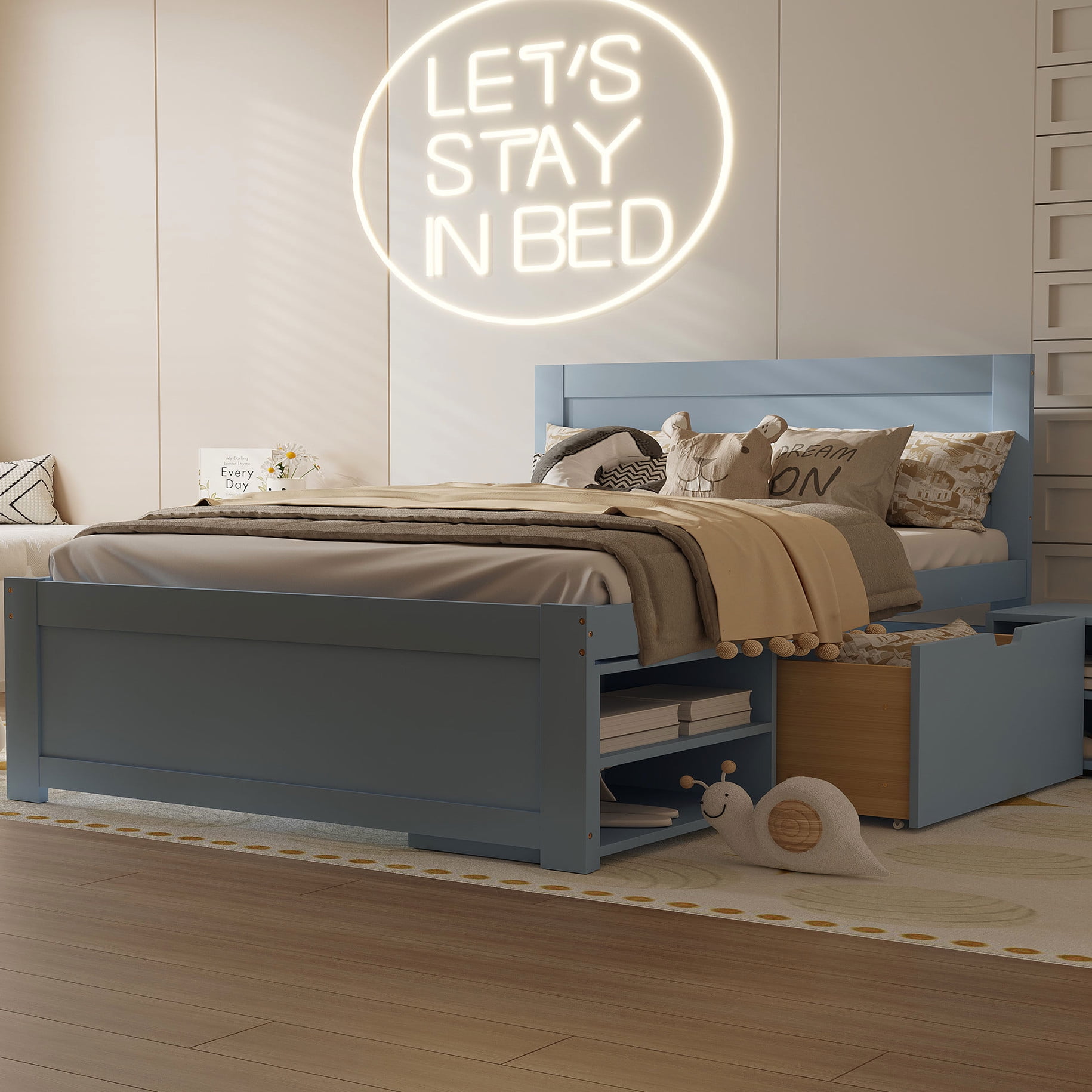 Gray Full Size Platform Bed With Drawer And Two Shelf Sections - Strong Functional, Extra ...