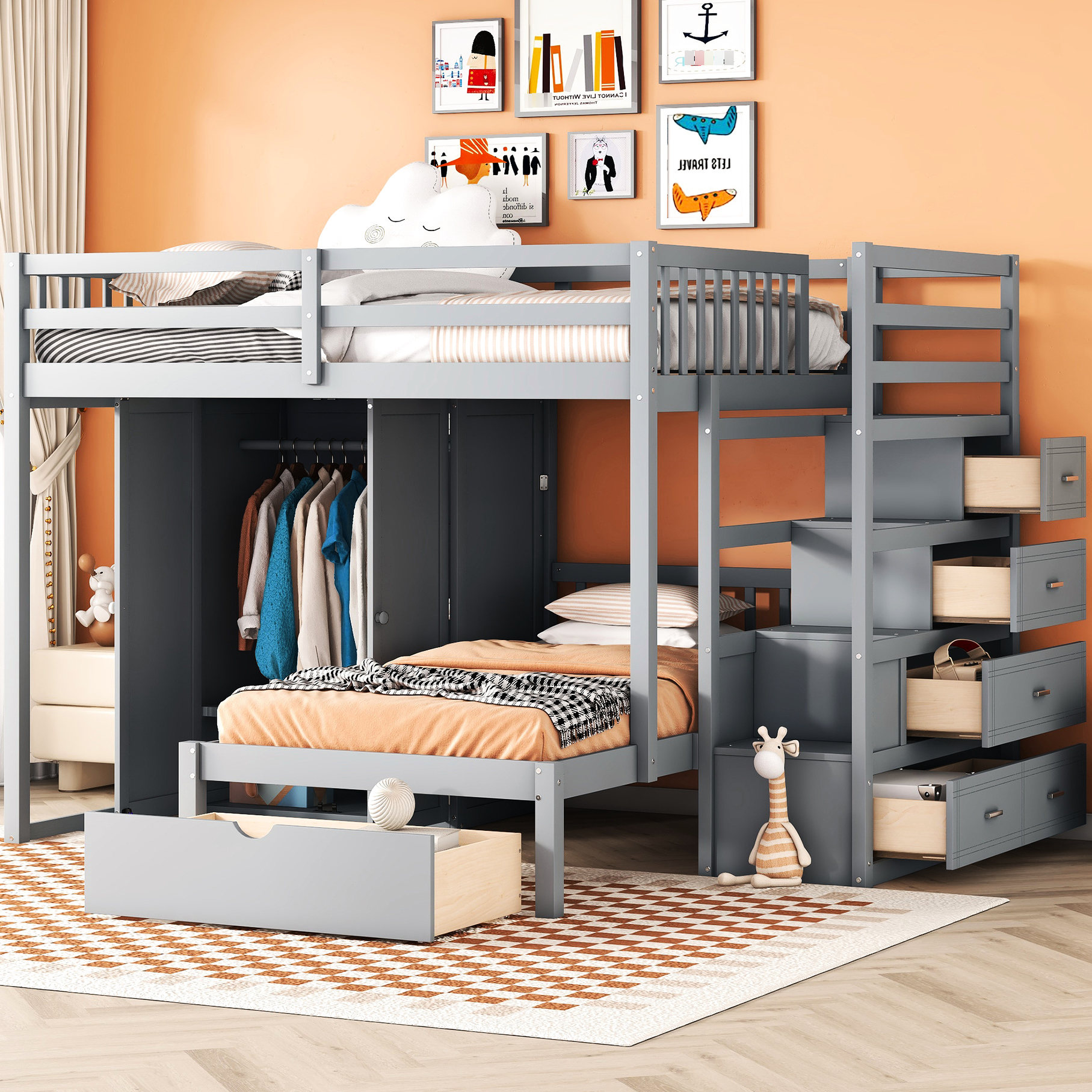 Gray Full Over Twin Bunk Bed - Versatile Sleeping & Ample Storage ...