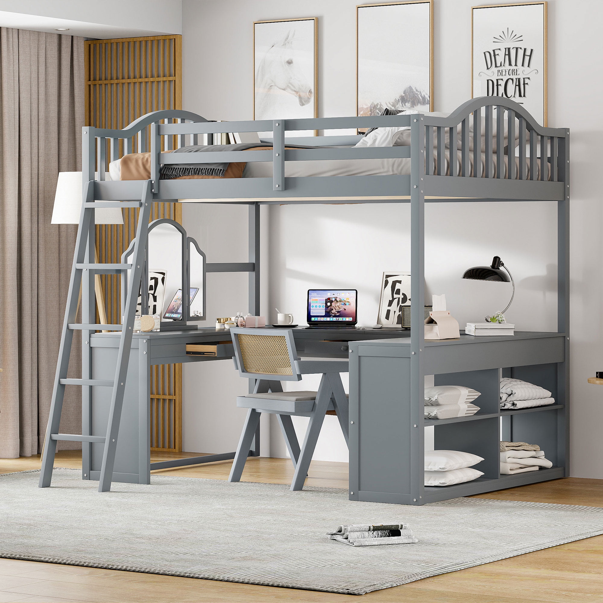 Gray Full Wooden Loft Bed with U-Shaped Desk, Storage Compartments ...