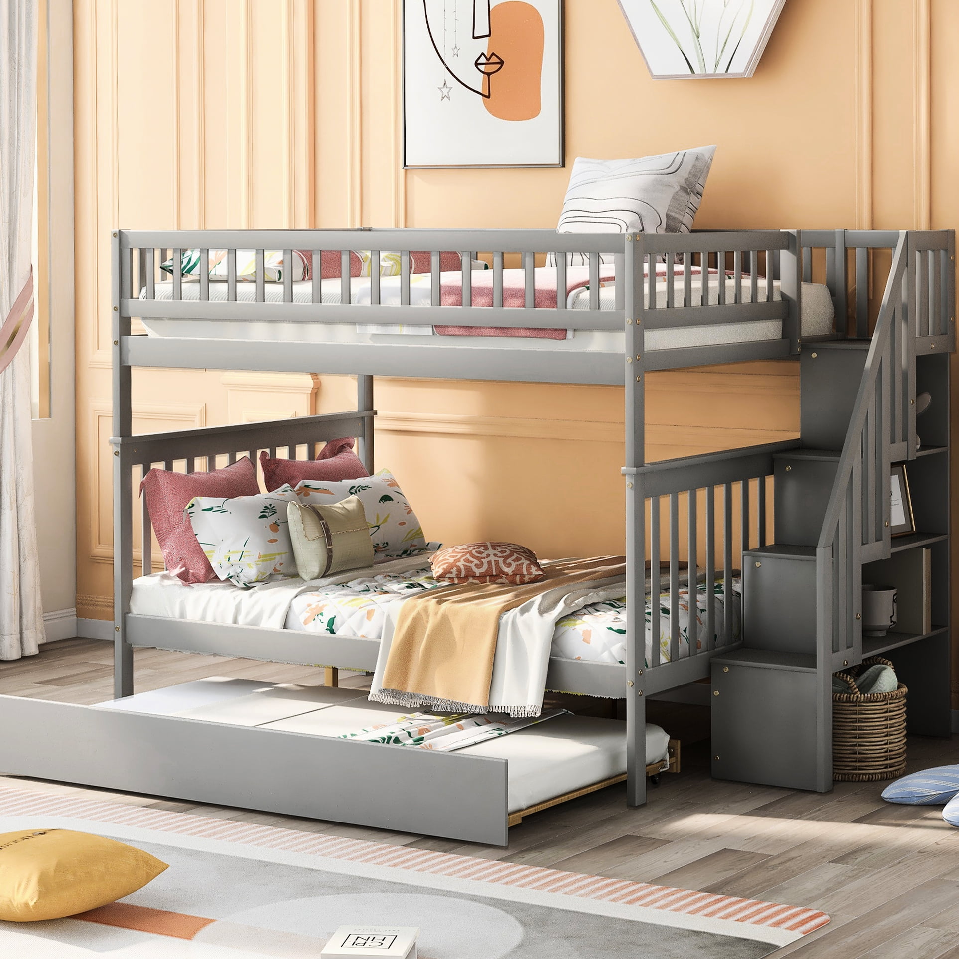 Gray Full/full Bunk Bed With Trundle And Staircase - Pine Wood Frame, 3 ...